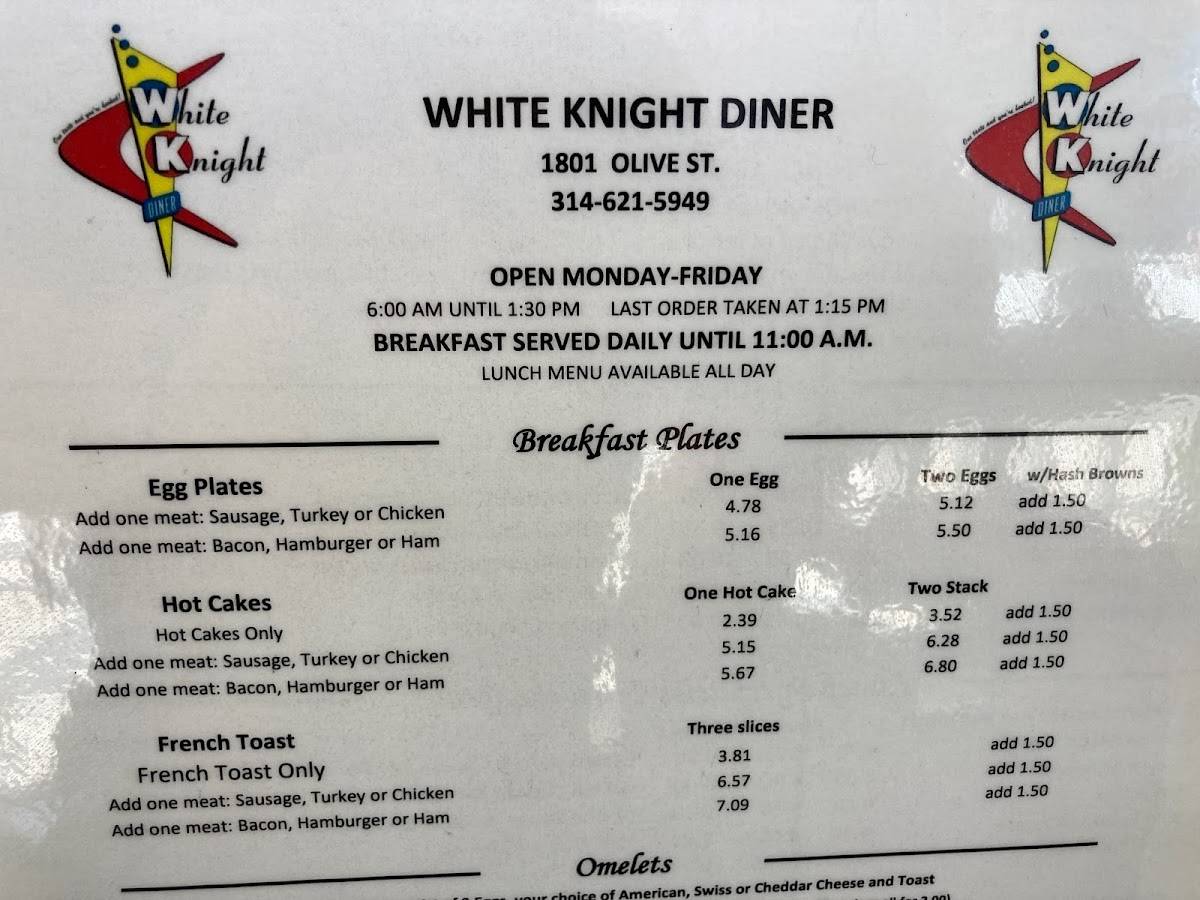 Menu at White Knight Diner restaurant, St. Louis