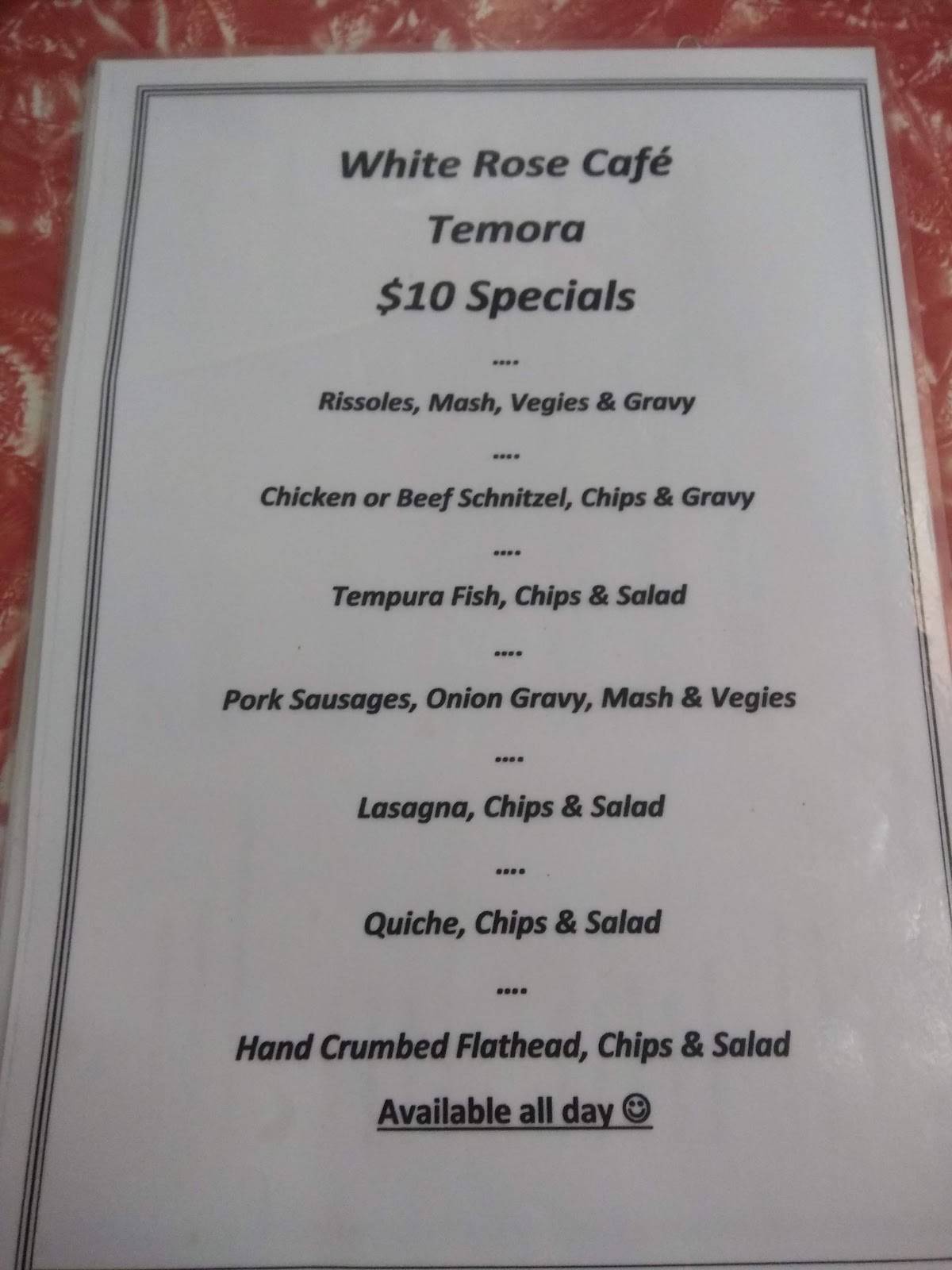 Menu at White Rose Cafe, Temora