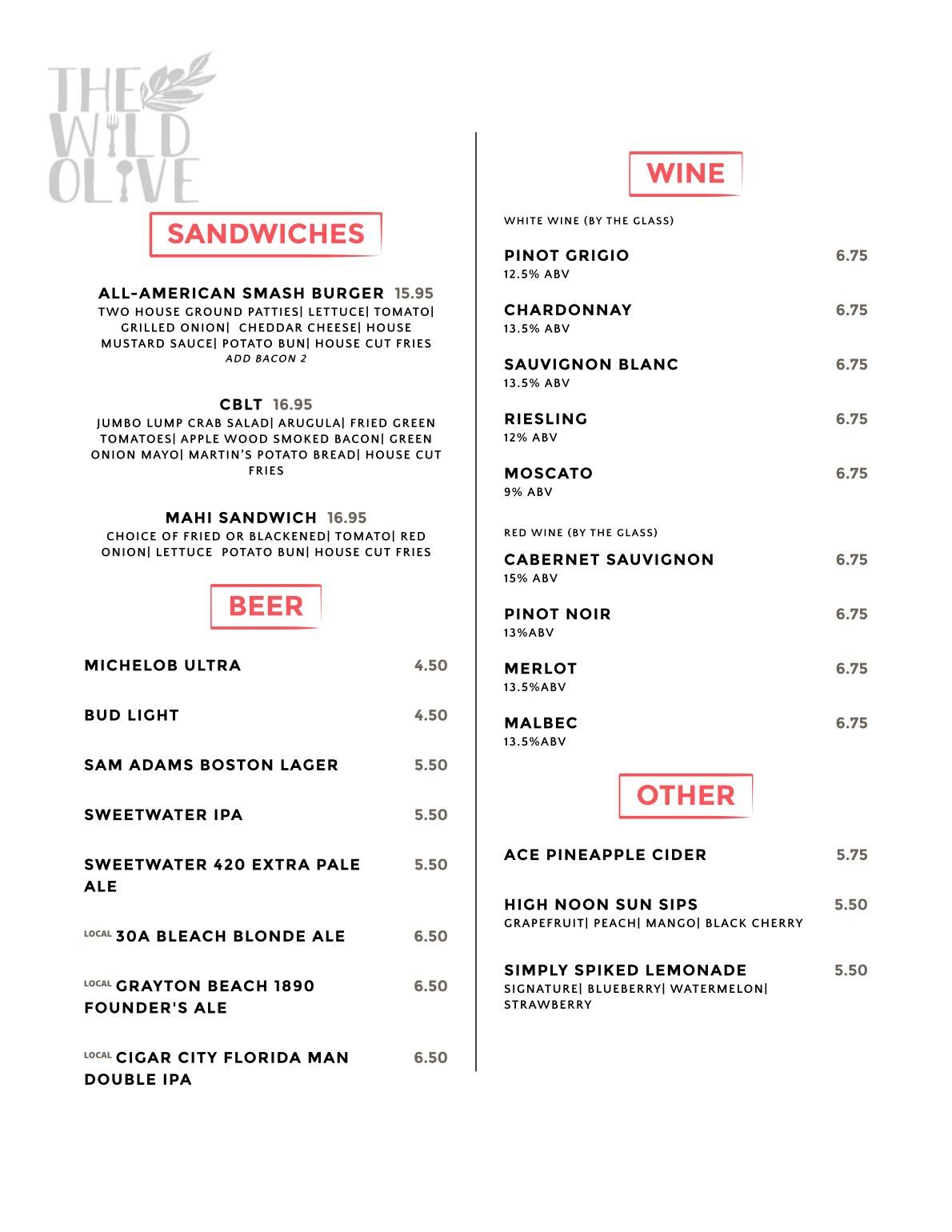 Menu at Wild Olive restaurant, Crestview