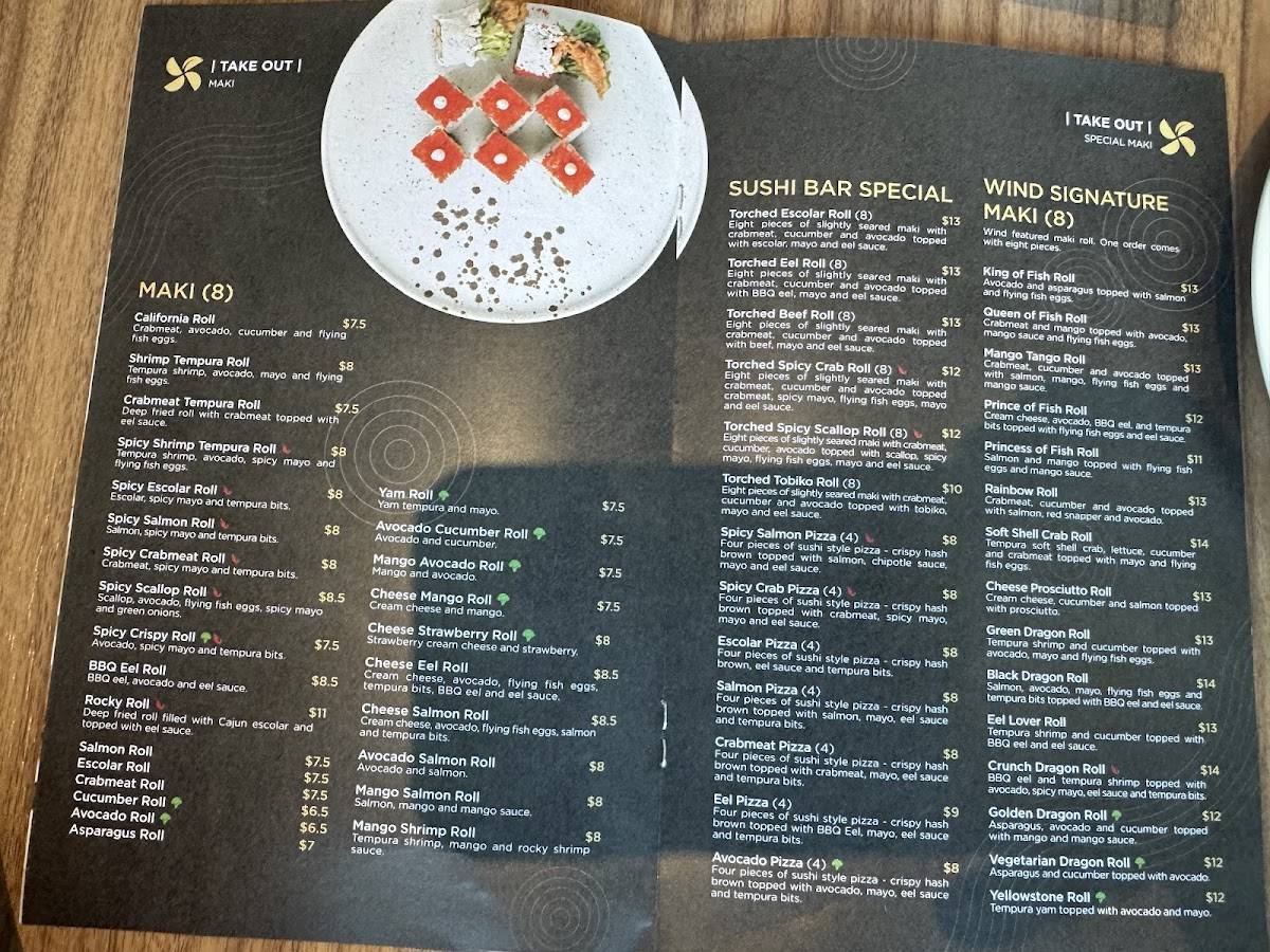 Menu at Wind Japanese & Thai restaurant, Niagara Falls