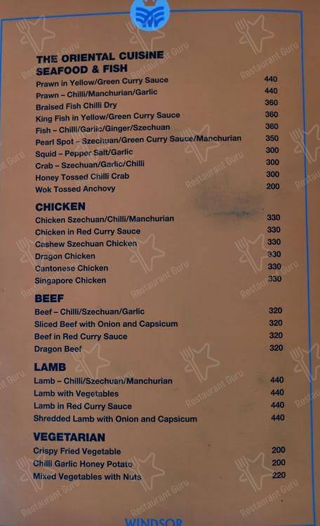 Menu at Windsor Rajadhani, Thiruvananthapuram