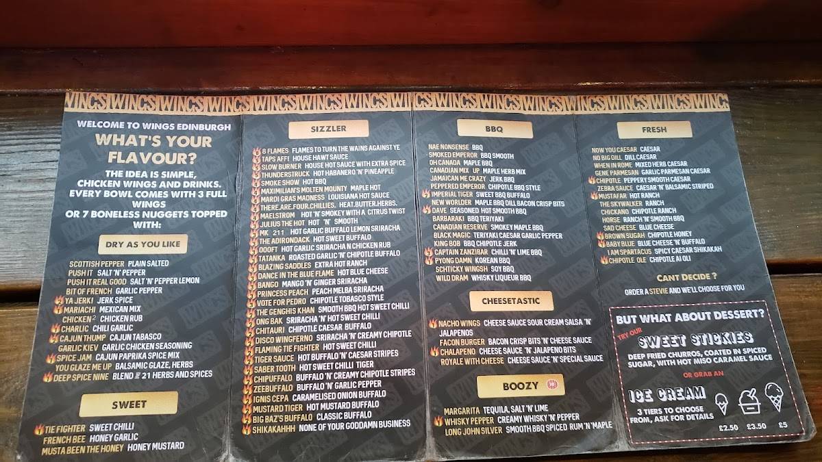 Menu at Wings restaurant, Edinburgh, 5 - 7 Old Fishmarket Cl