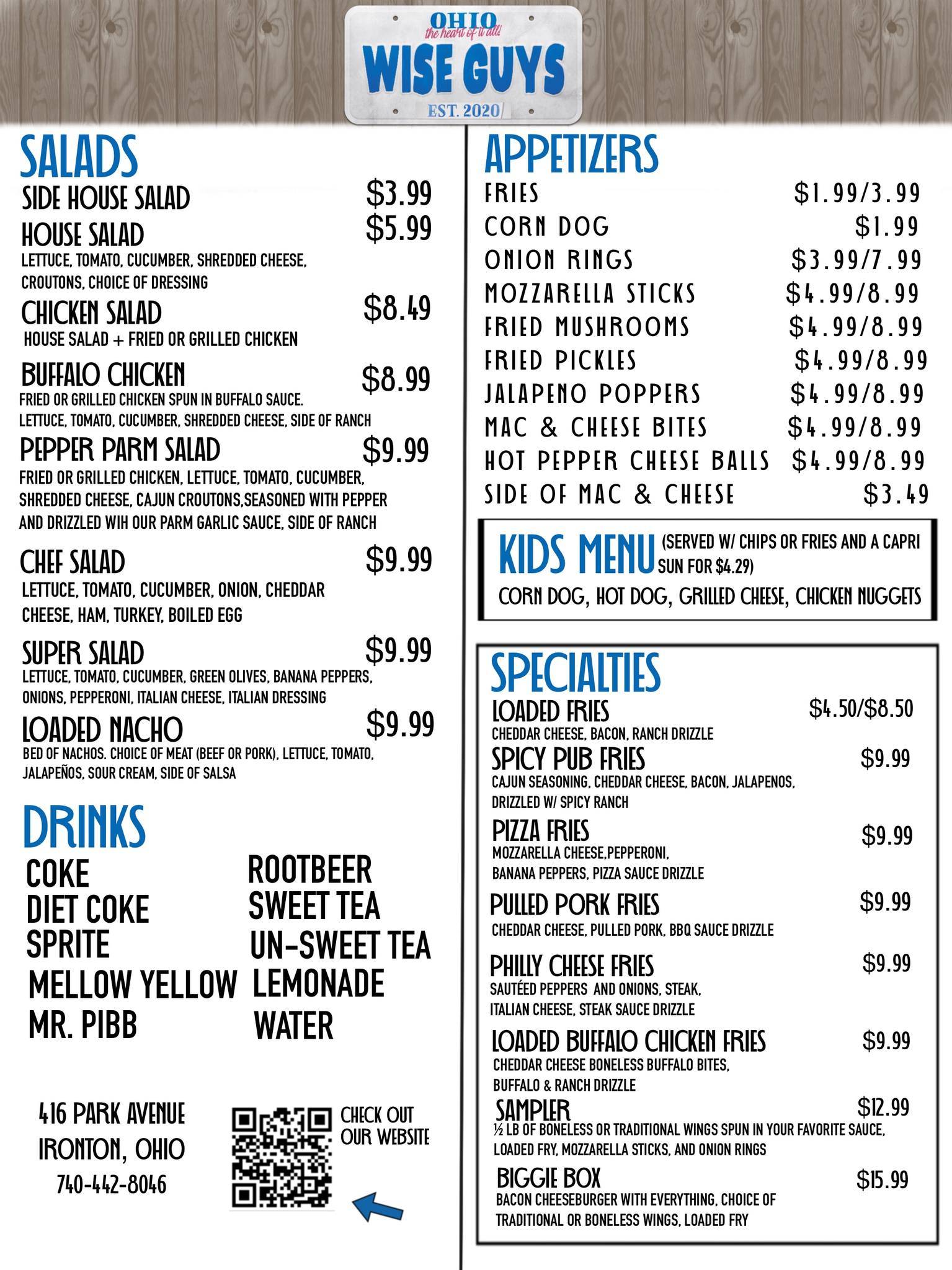 Menu at Wise Guys Food Corp. restaurant, Ironton
