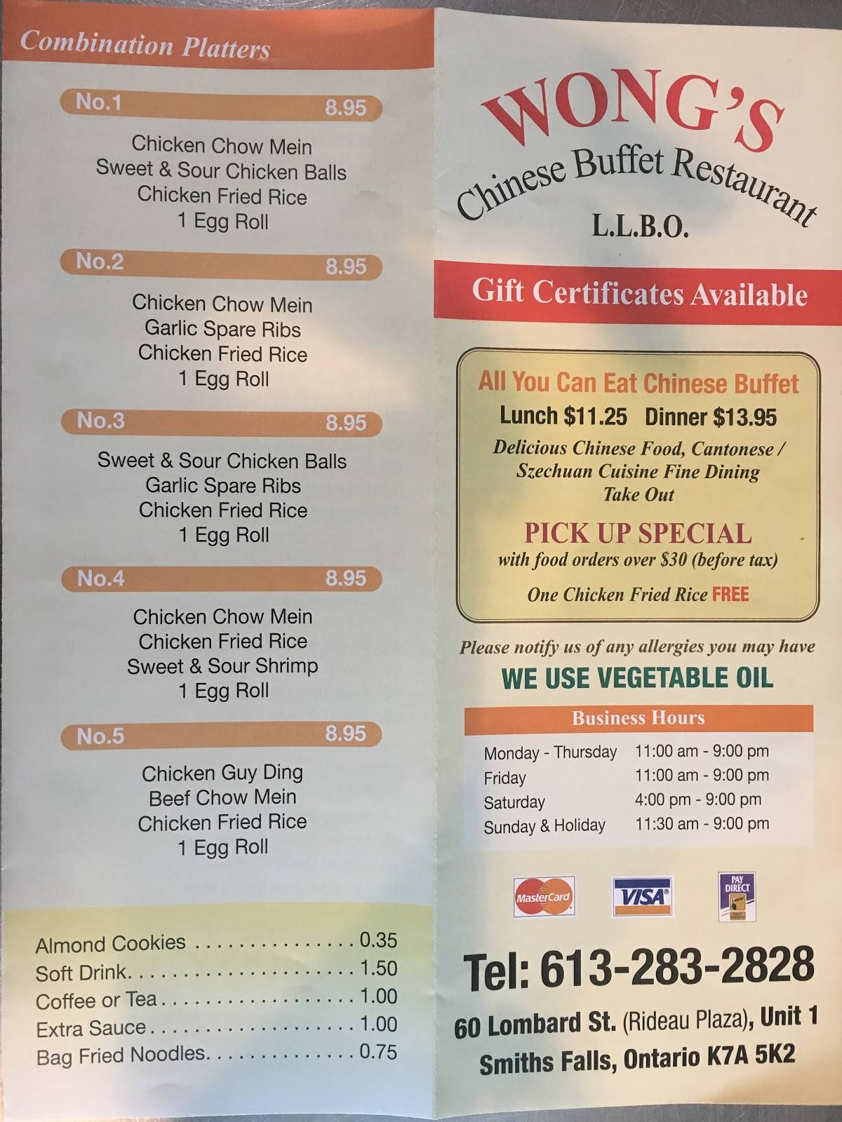 Menu at Wong's Chinese Buffet Restaurant, Smiths Falls