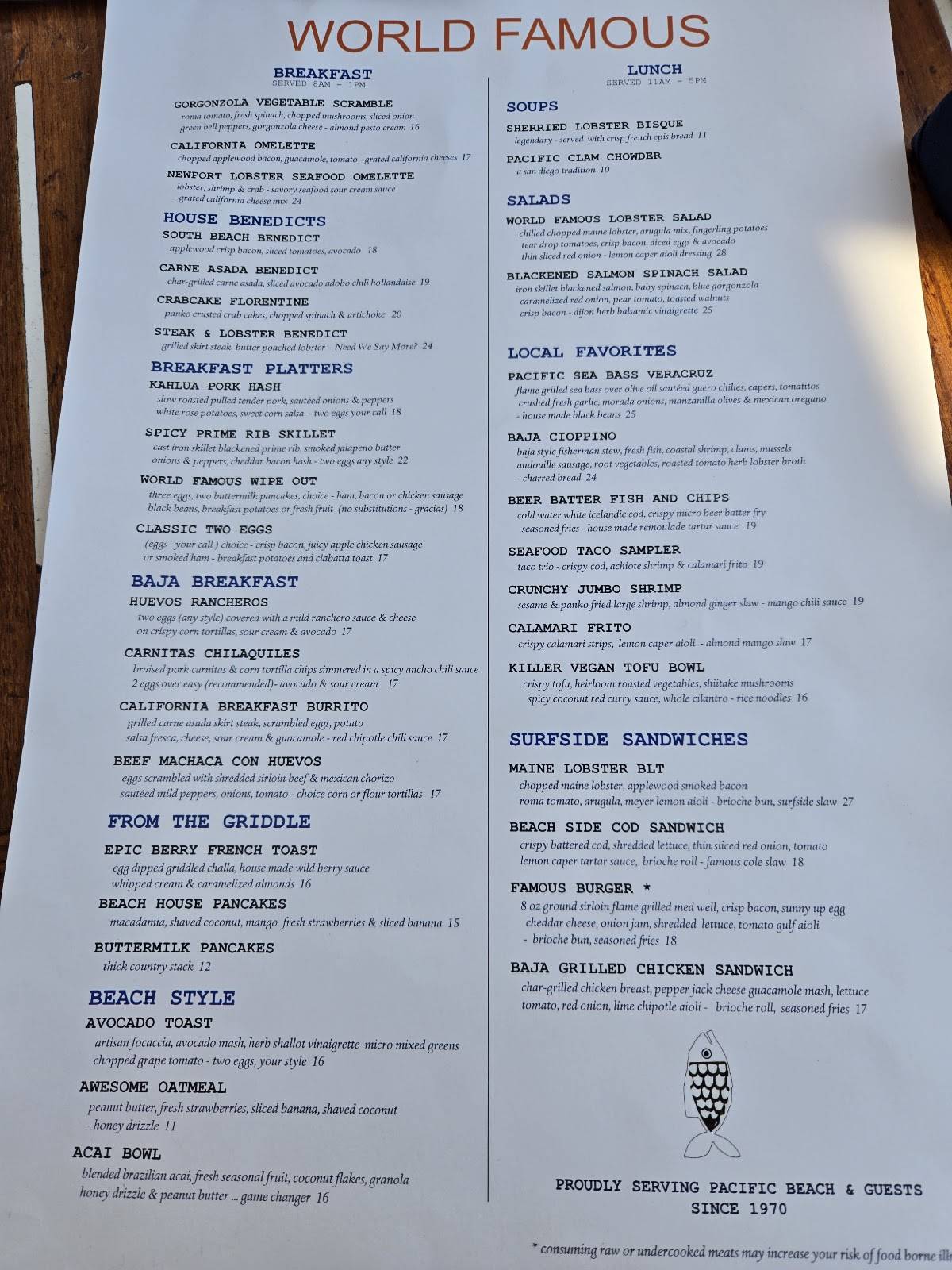 Menu at World Famous restaurant, San Diego, 711 Pacific Beach Dr