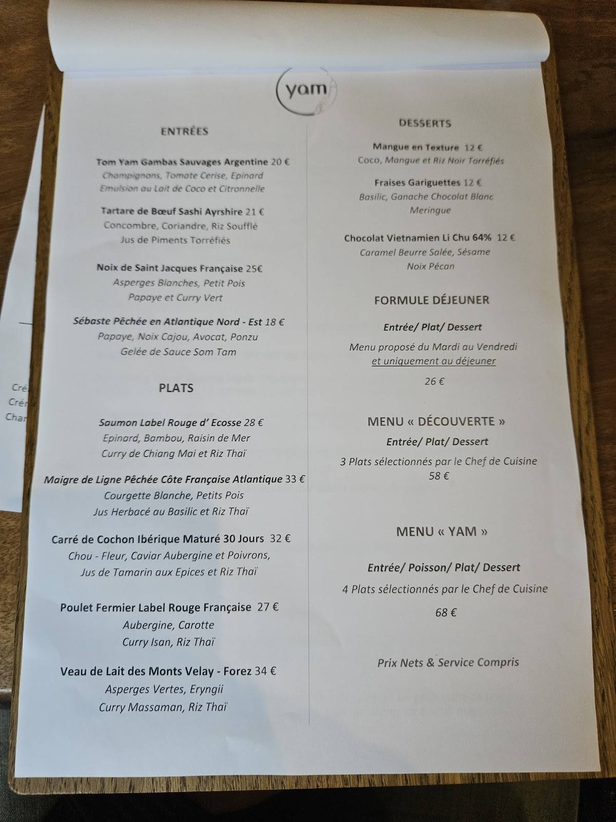Menu au Restaurant Yam, Saint-Louis, 4 Rue d’Altkirch