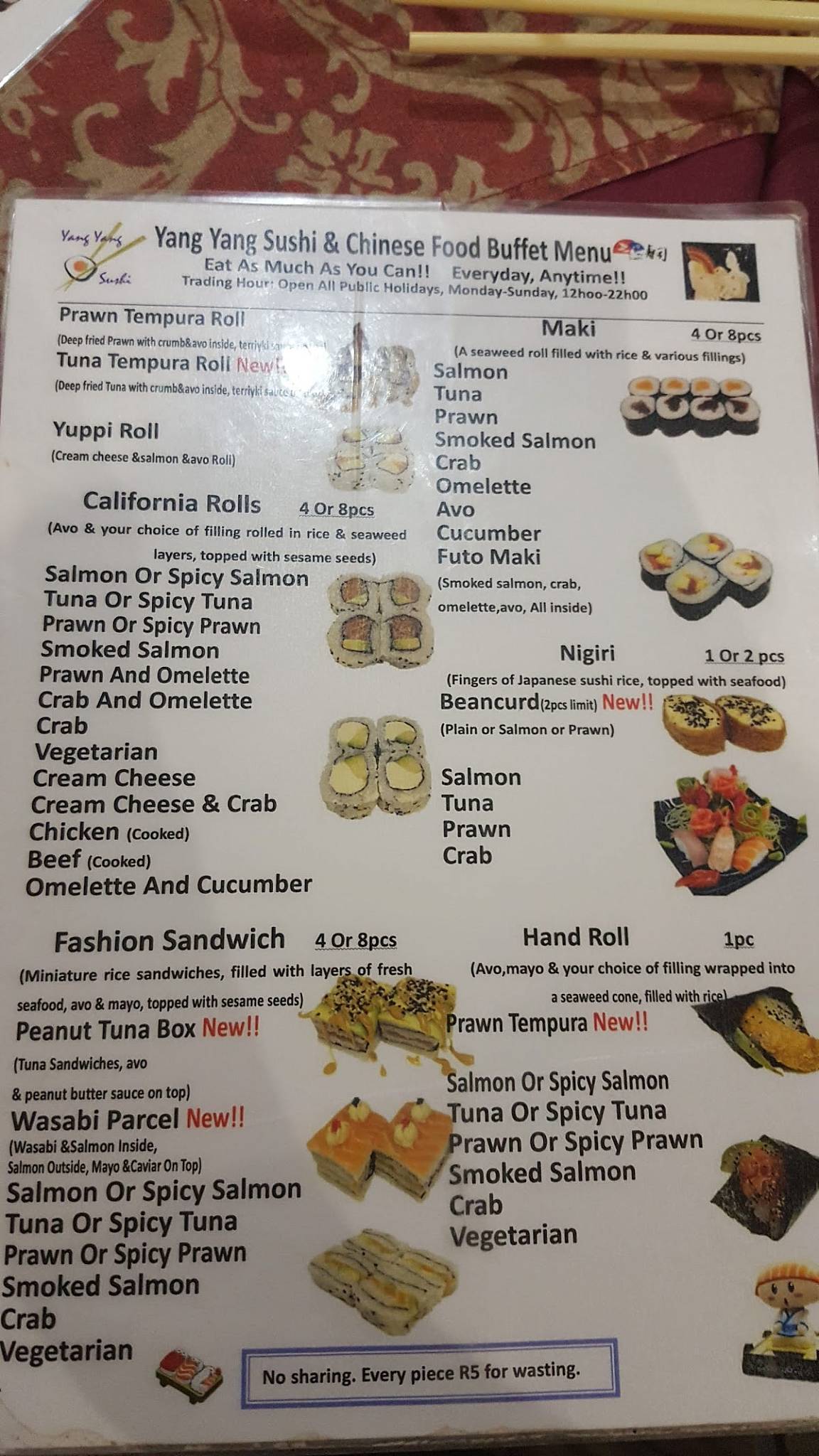 Menu at Yang Yang Chinese Restaurant & Sushi Bar, Cape Town