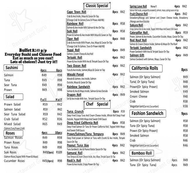 Menu at Yang Yang Chinese Restaurant & Sushi Bar, Cape Town