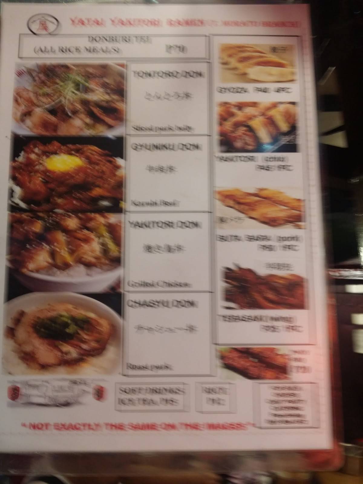 Carta del restaurante Yatai Yakitori Tomas Morato, Ciudad Quezon