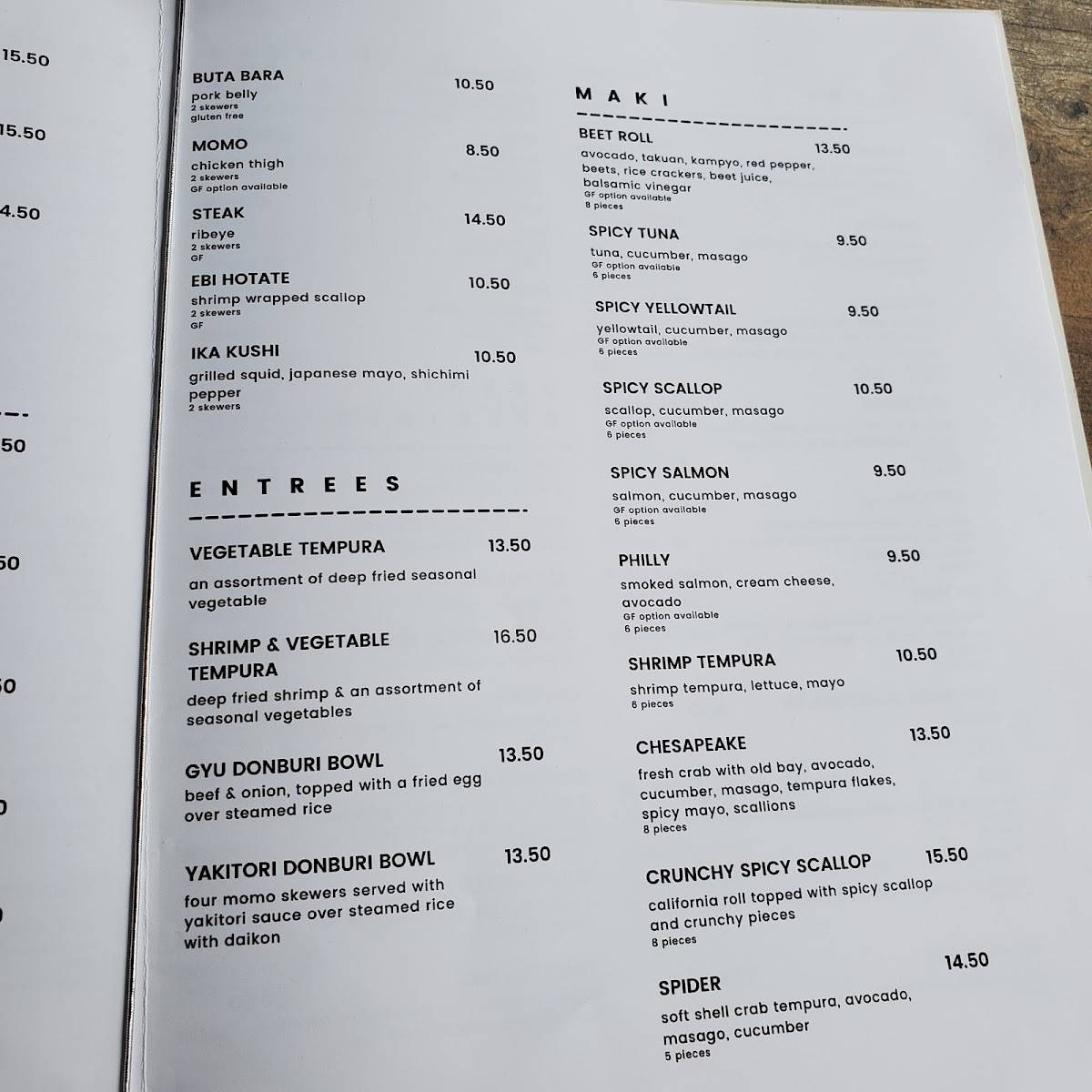 Menu at Zeppelin restaurant, Washington