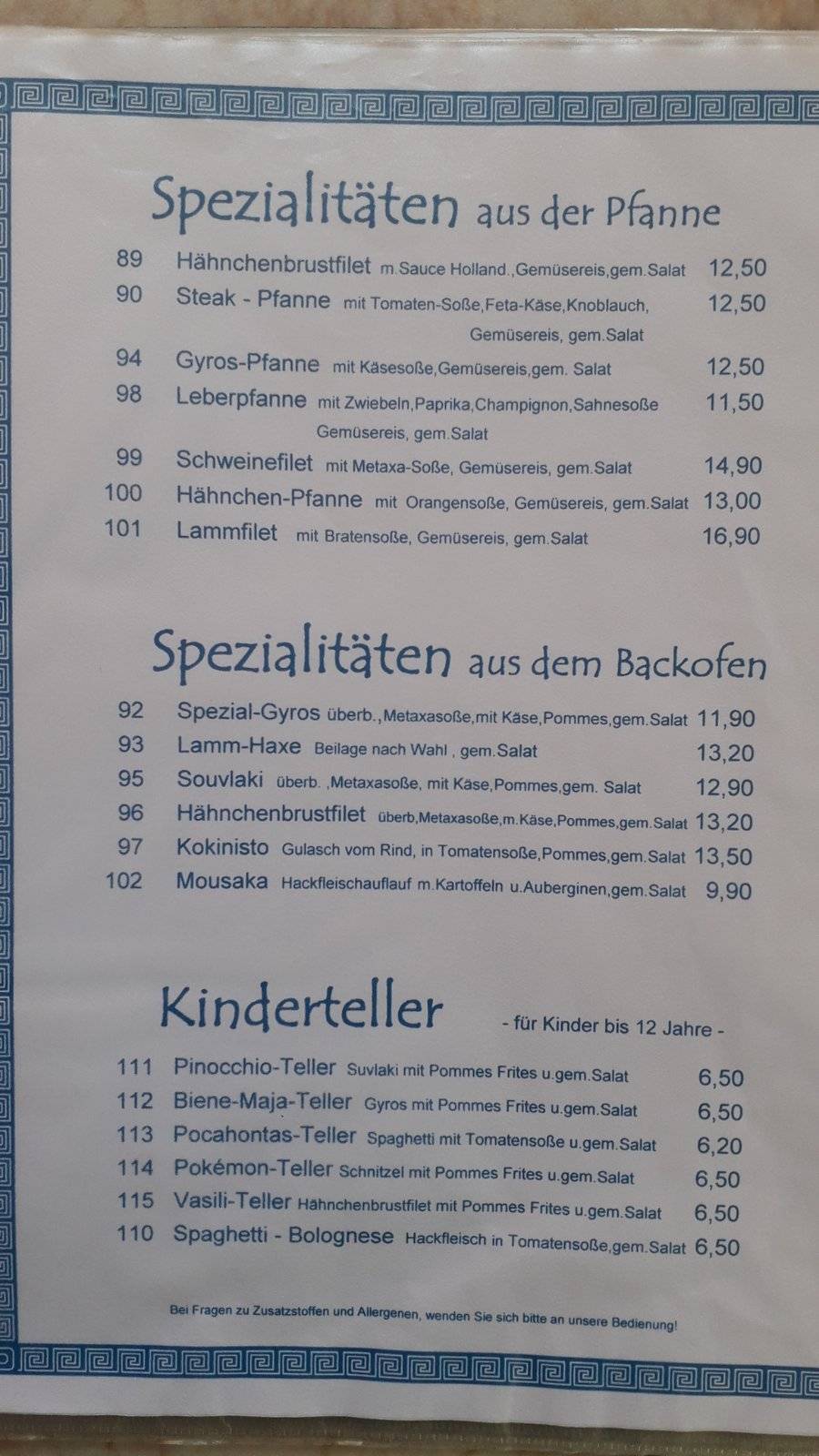 Speisekarte von Restaurant Zum Griechen, Salzwedel