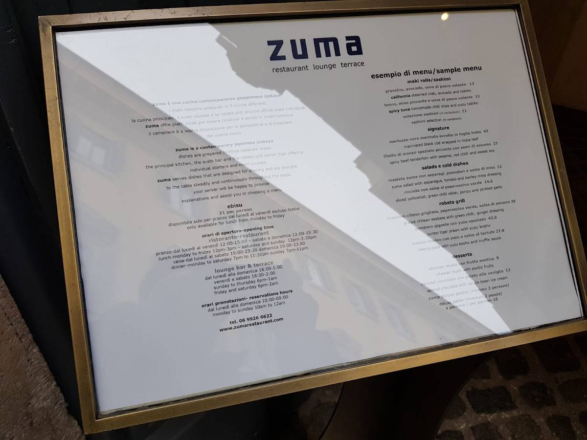 Menu da Zuma ristorante, Roma
