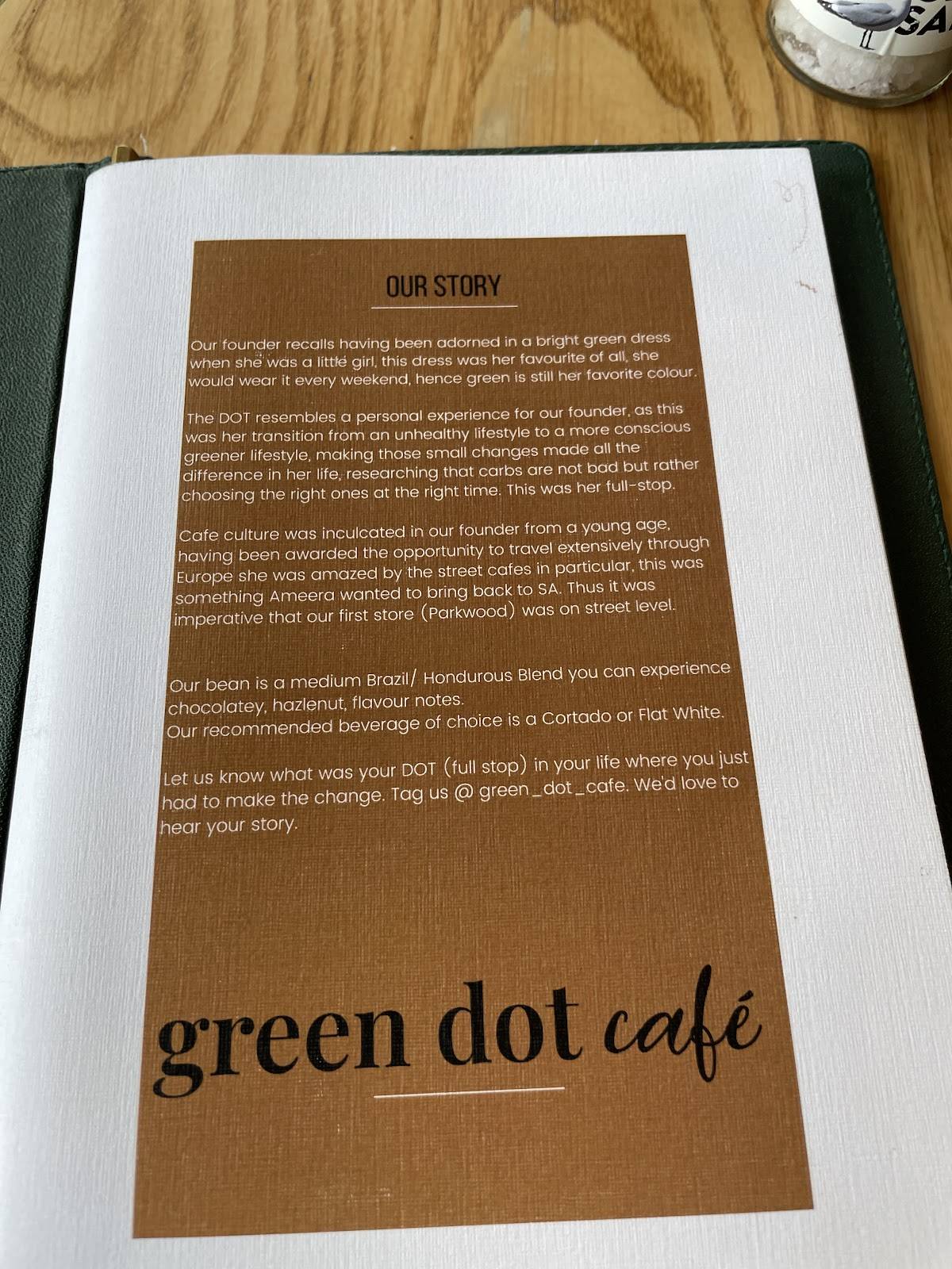 Menu at green dot cafe, Johannesburg, 148 Jan Smuts Ave