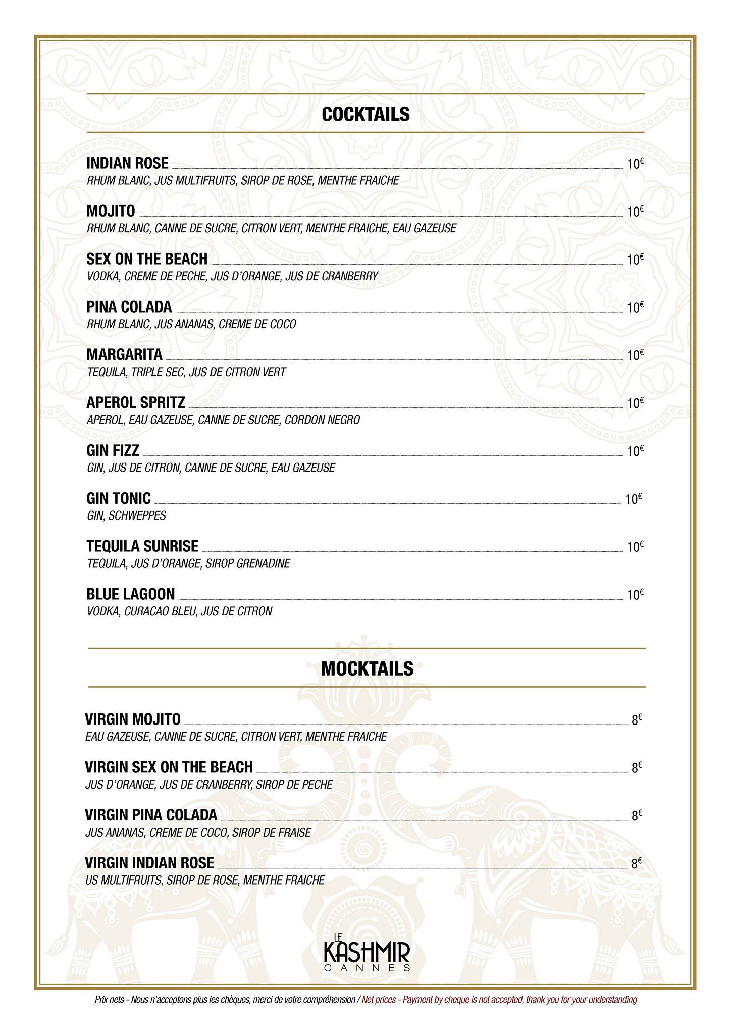 Menu au Restaurant indien le Kashmir, Cannes