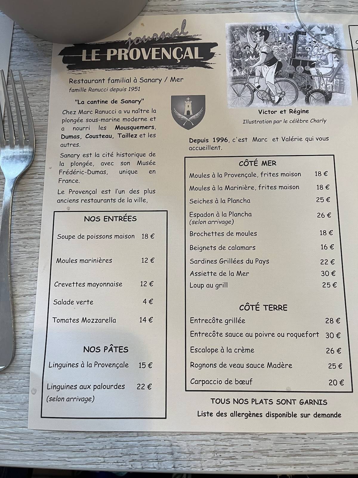 Menu au Restaurant Le Provençal, Sanary-sur-Mer