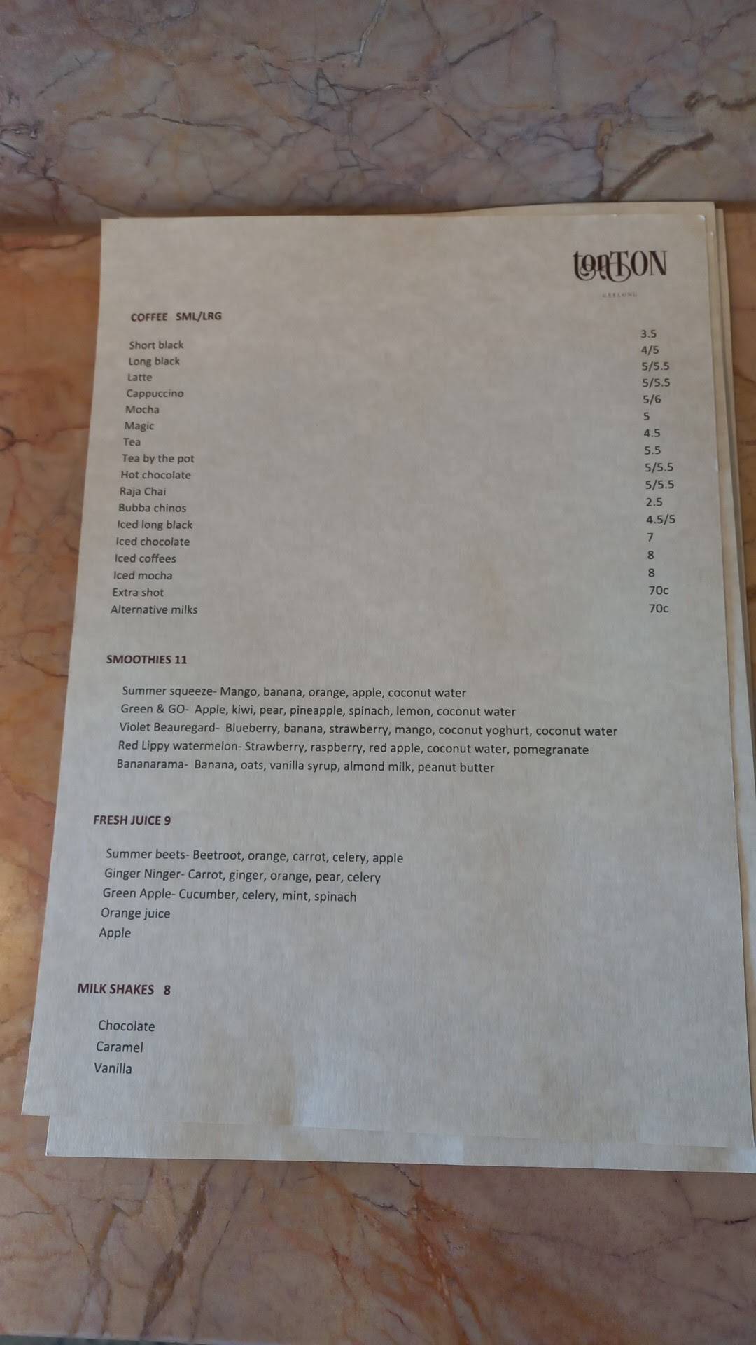 Menu at tonton Geelong restaurant, Highton