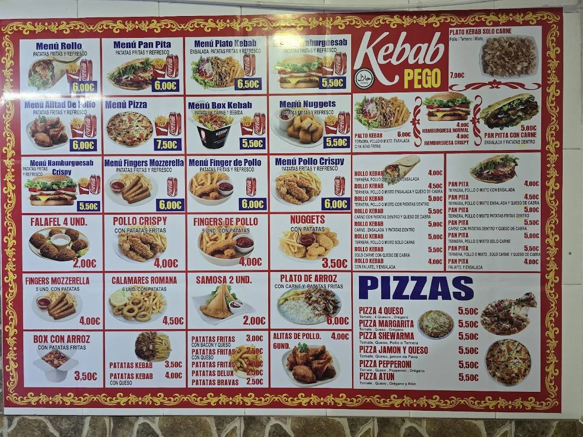 Carta de Restaurante Doner Kebab Pizza, Pego