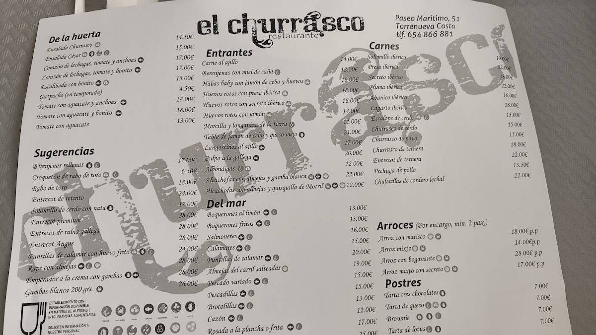 Carta de Restaurante El Churrasco, Torrenueva