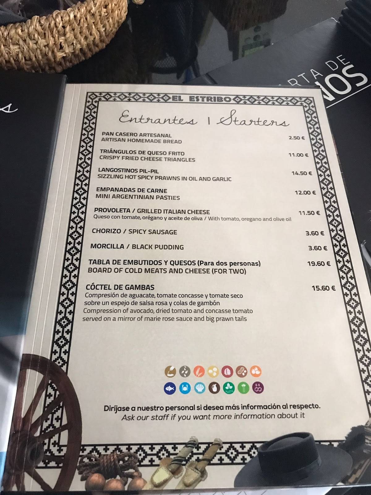 Carta de Restaurante El Estribo Parrilla Argentina, San Luis de Sabinillas