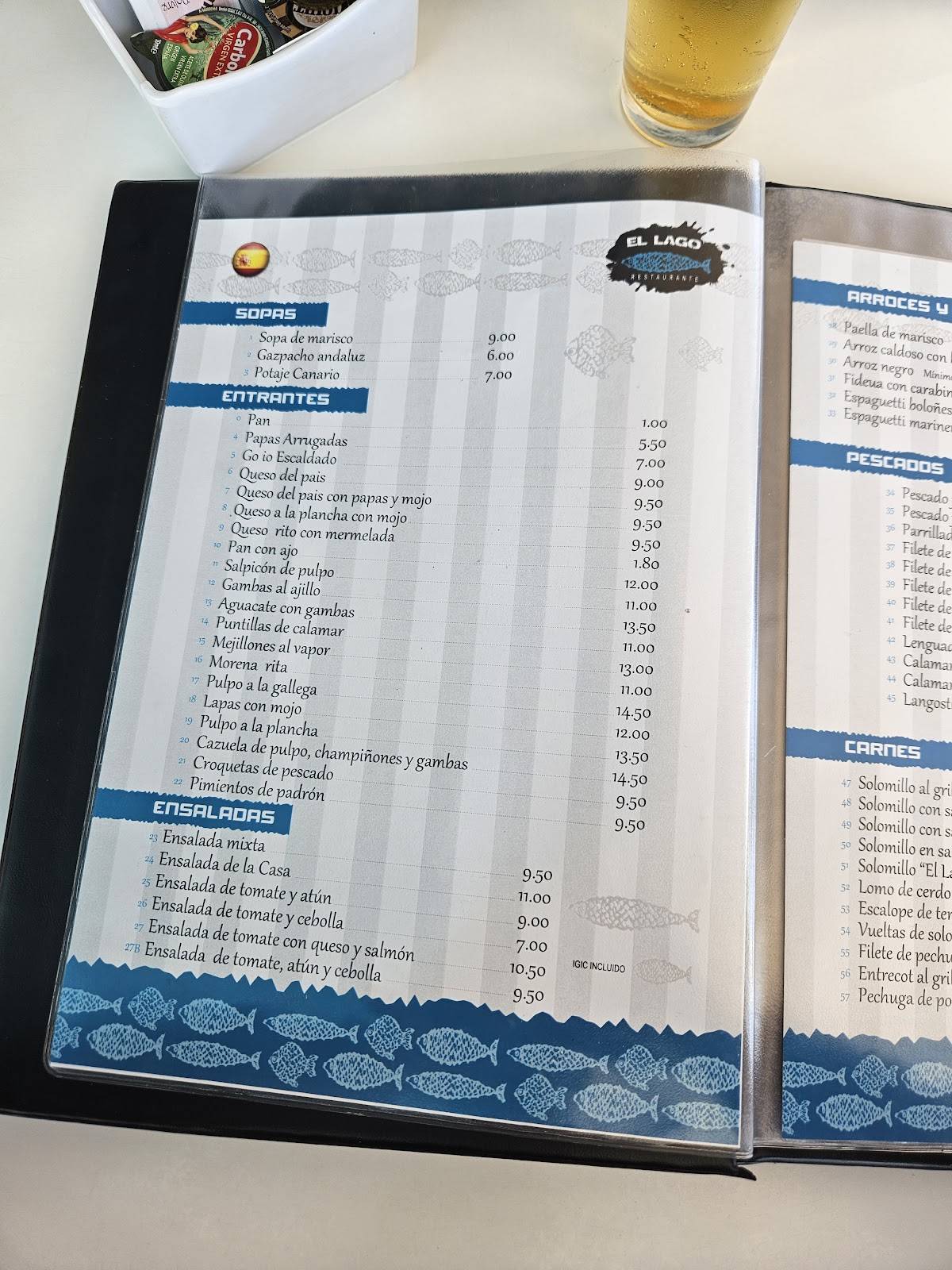 Menu at Restaurante El Lago, Arrieta, C. Caleta de Campo