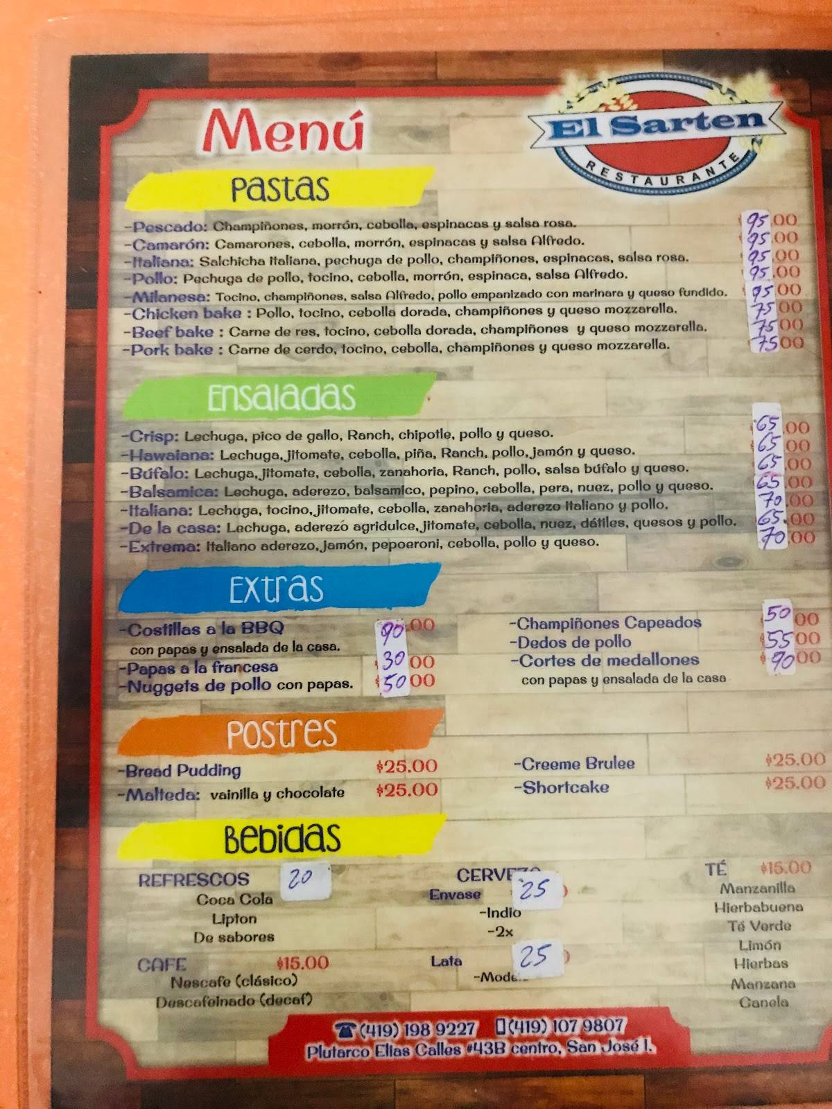 Menu at Restaurante El Sarten, San José Iturbide