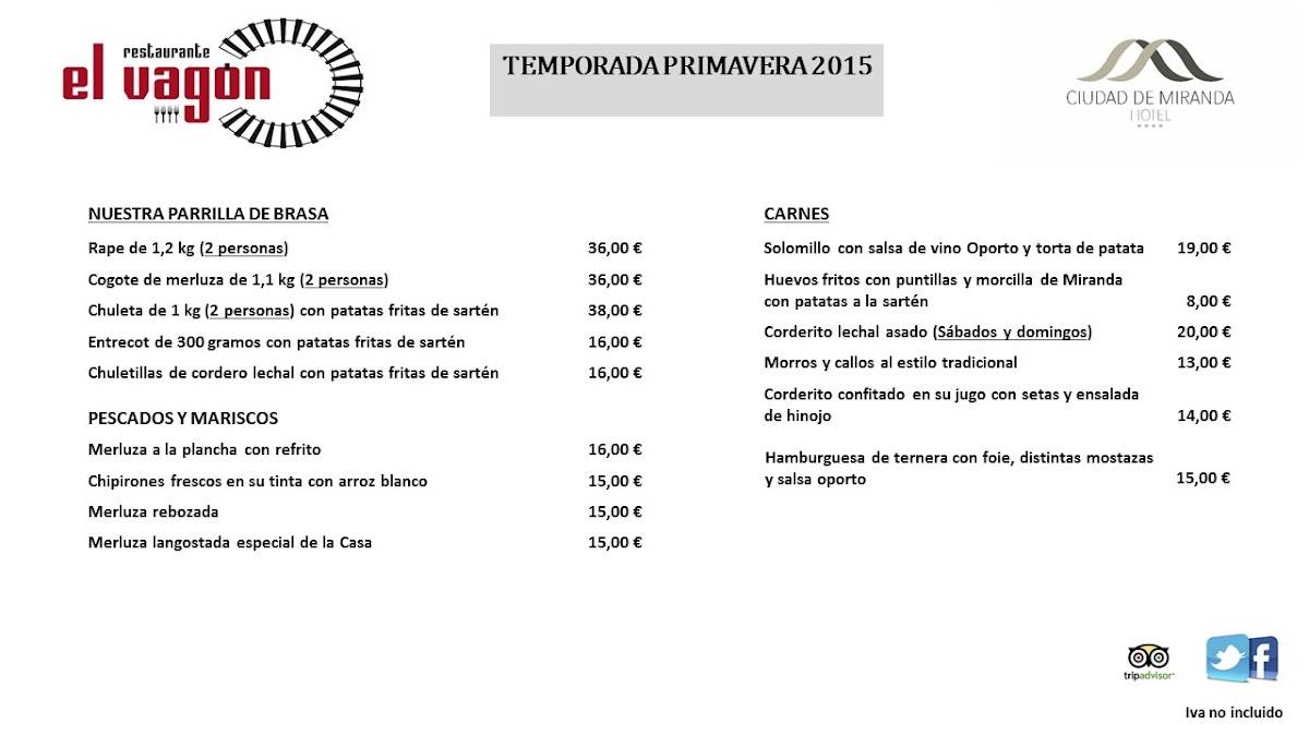 Carta de Restaurante " El Vagón ", Miranda de Ebro