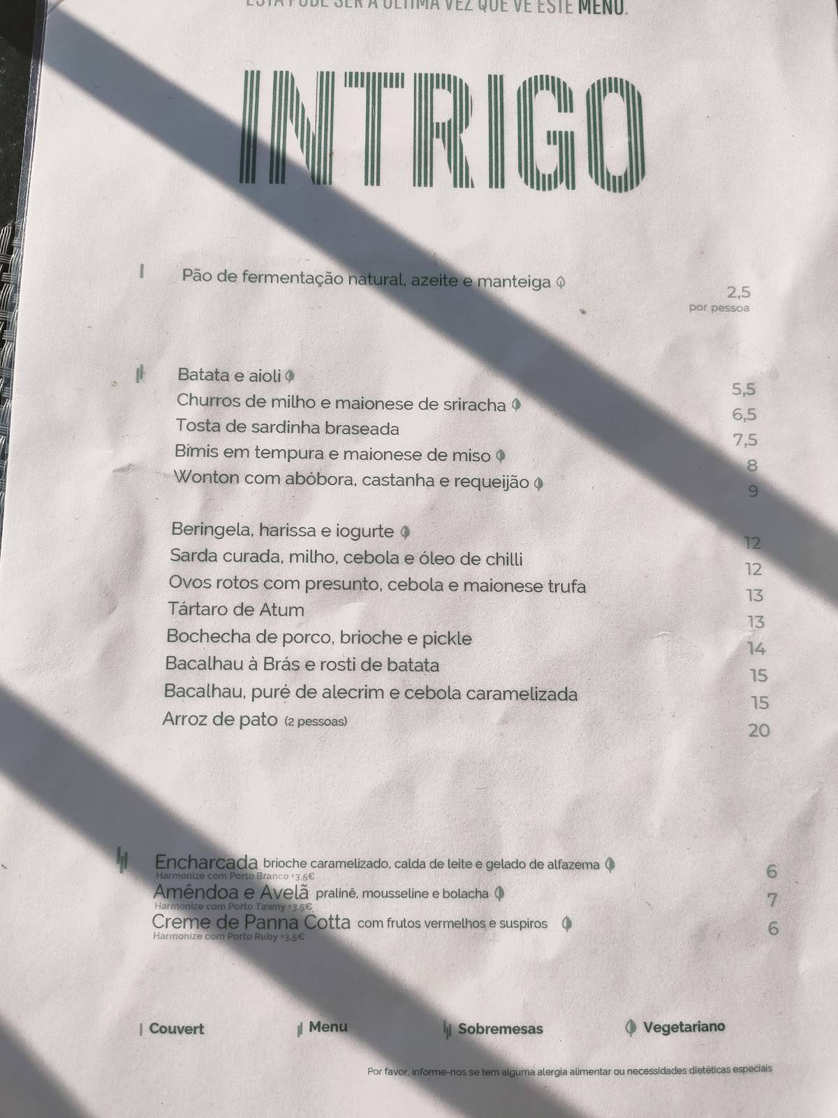Menu at Restaurante Intrigo, Porto