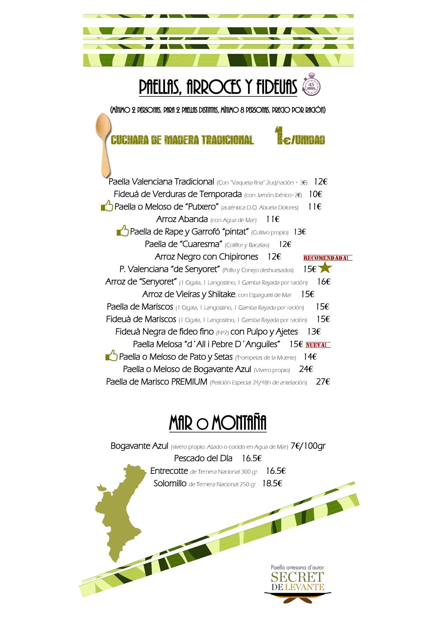 Carta de Restaurante Levante Valencia, Valencia