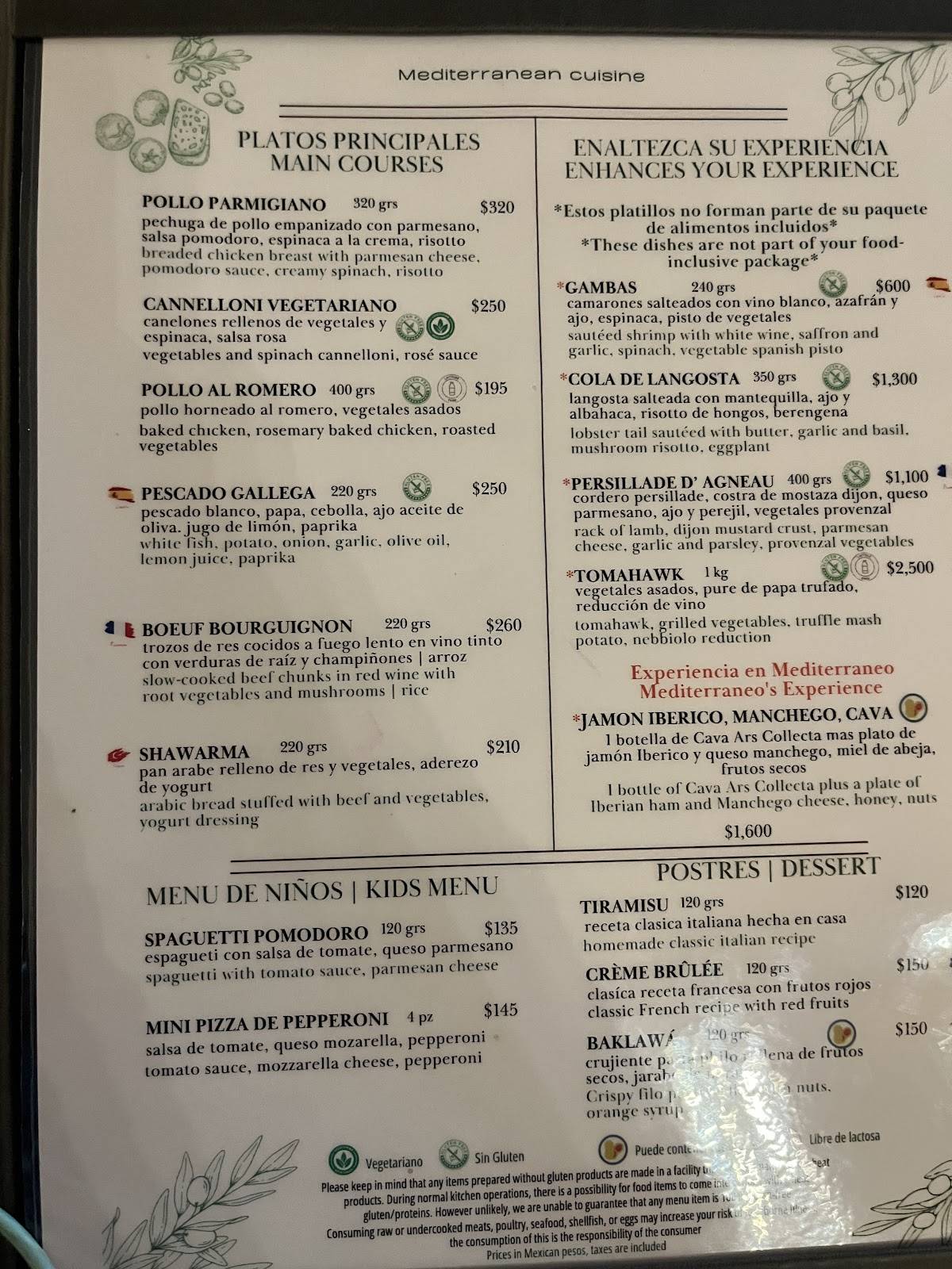 Carta de Restaurante Mediterraneo, Cancún