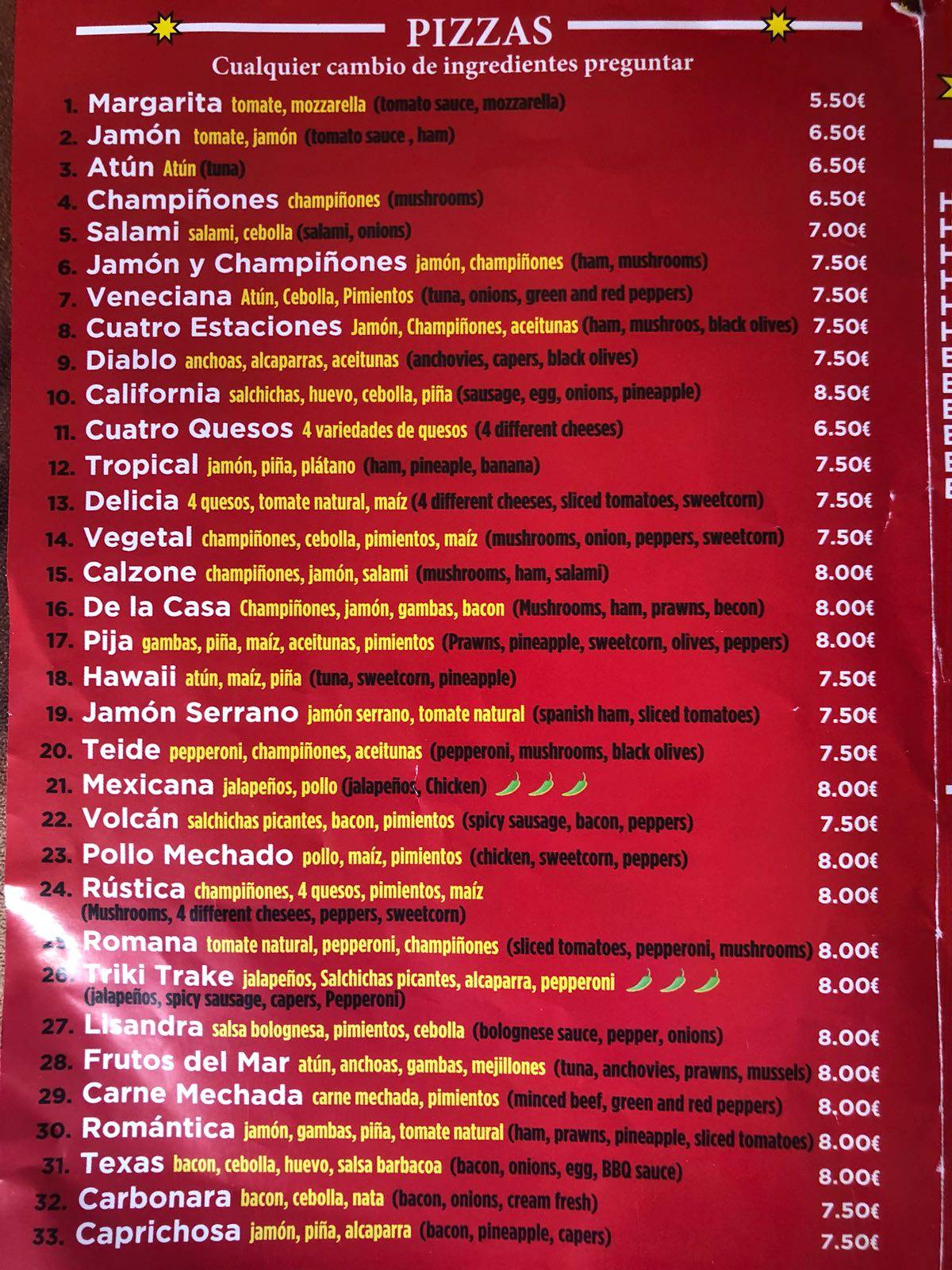 Carta de Restaurante Pizzería California, Las Galletas