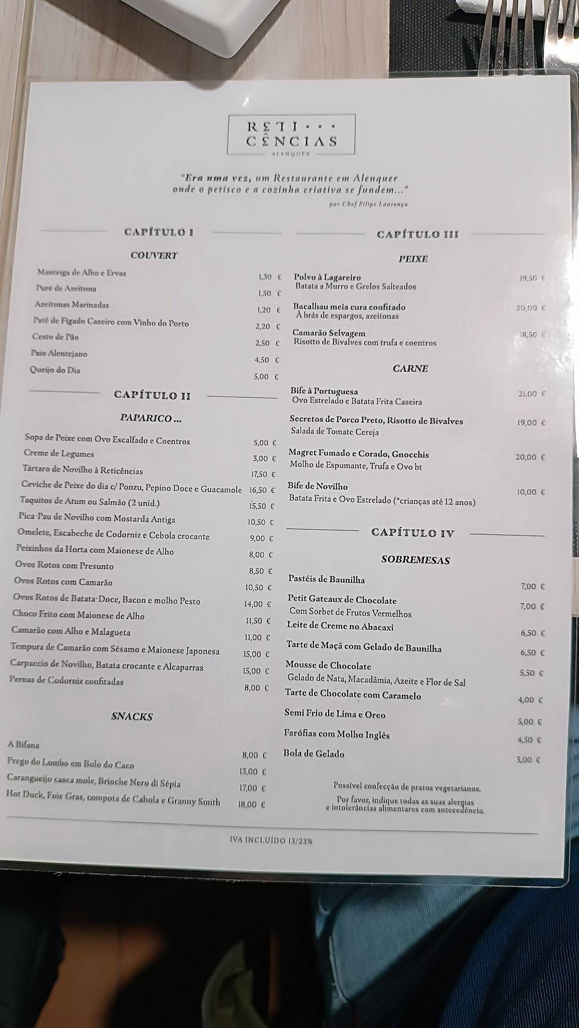 Menu em Restaurante Reticências, Alenquer