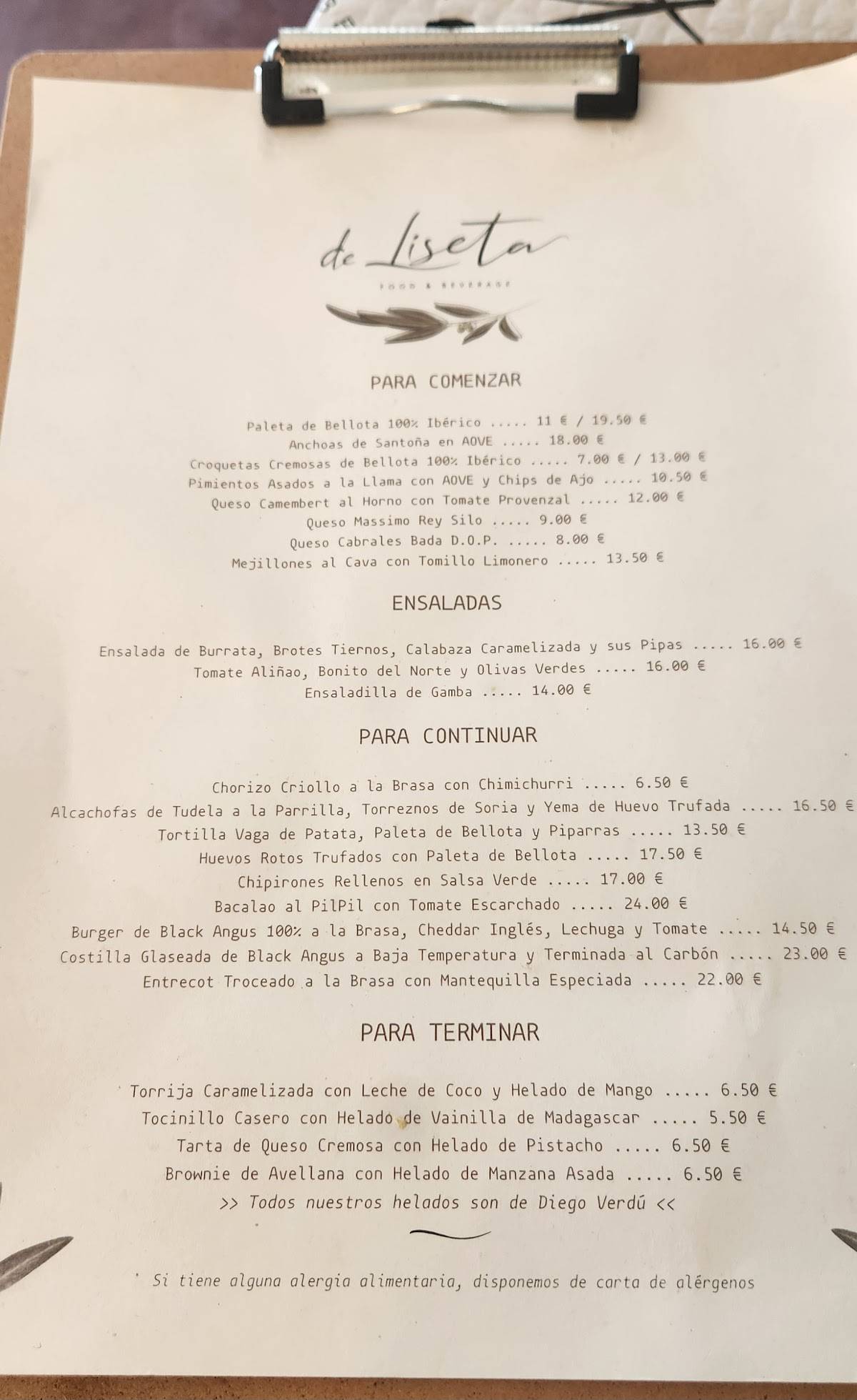 Menu at Restaurante de Liseta, Oviedo