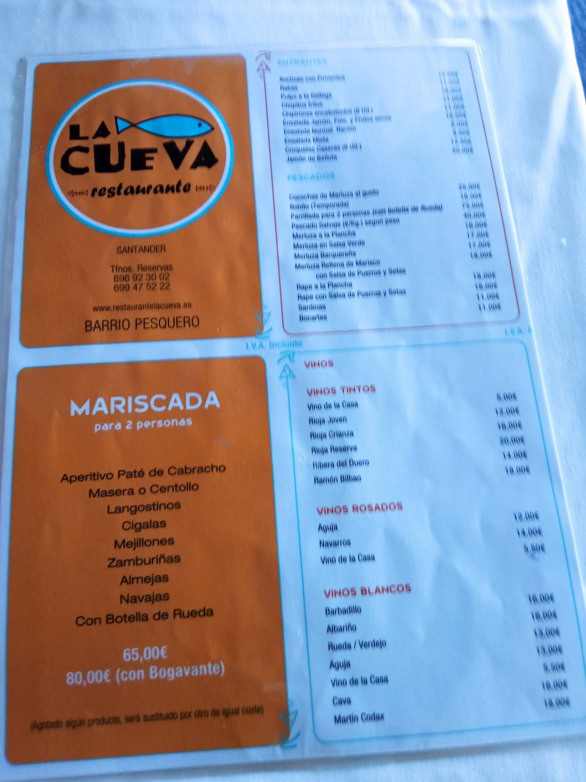 Carta de Restaurante la Cueva, Santander