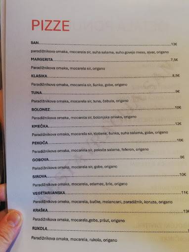 Menu au Restavracija San restaurant, Žabnica