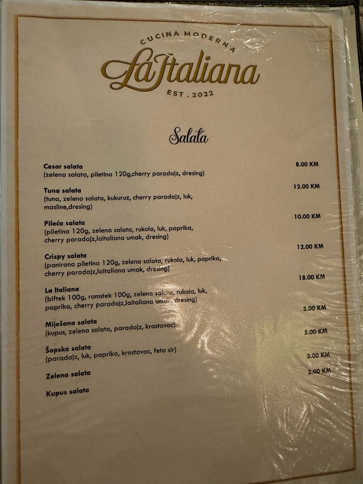 Menu at Restoran La Italiana restaurant, Bosanska Krupa
