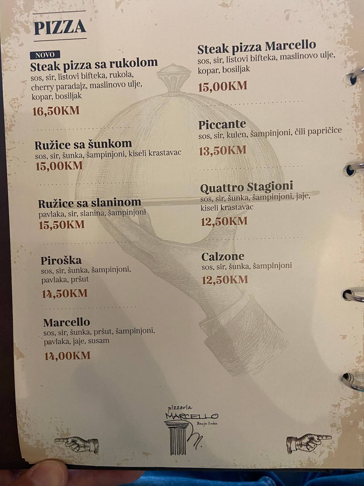 Menu at Marcello restaurant, Banja Luka, Bana Milosavljevića 30