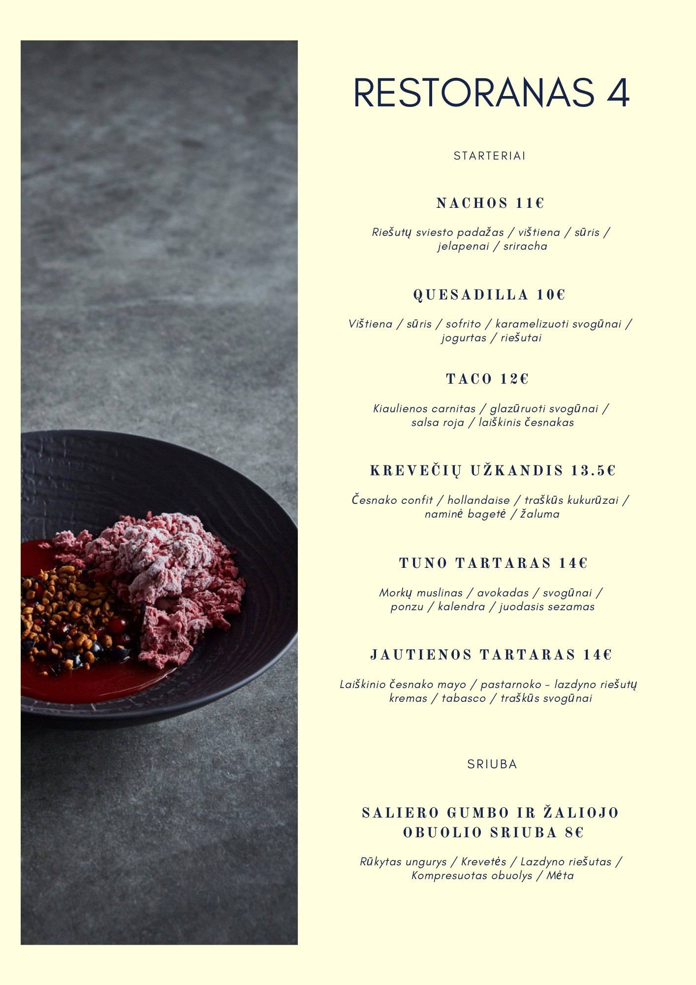 Menu at Restoranas 4 restaurant, Palanga