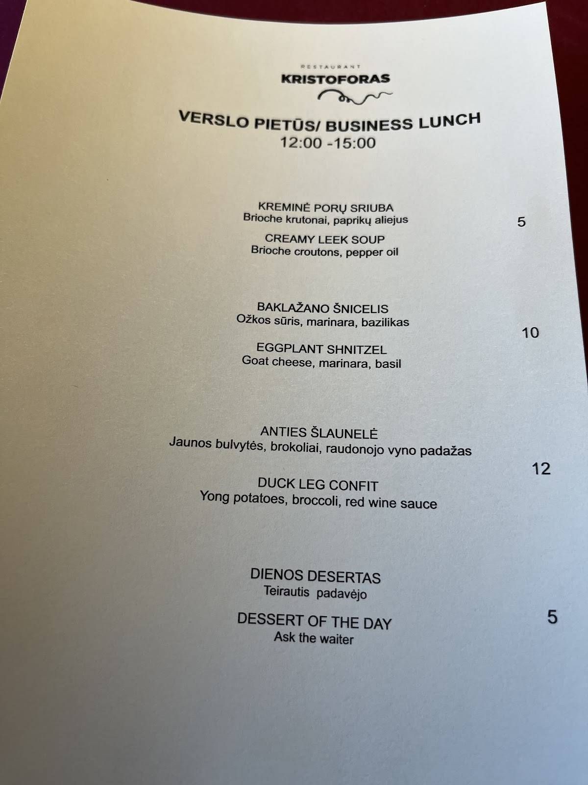 Menu at Restoranas Kristoforas restaurant, Vilnius