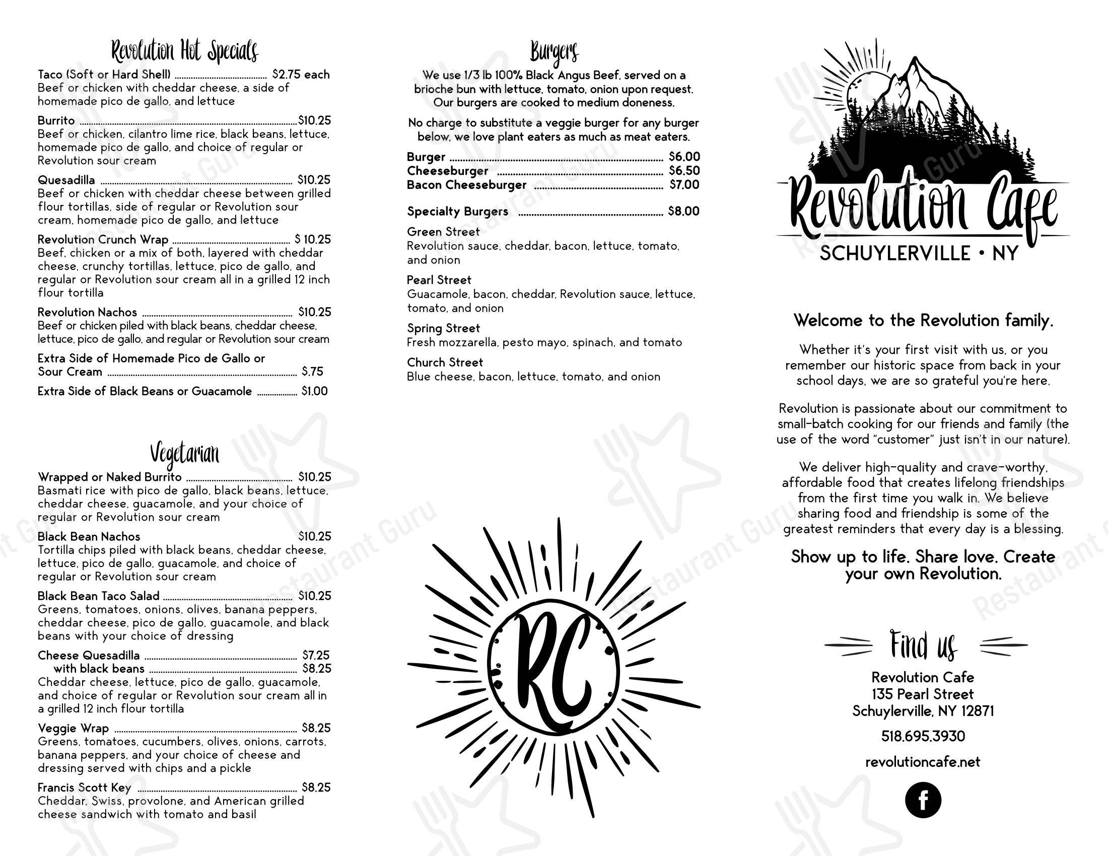 Menu at Revolution Café cafe, Schuylerville, 135 Pearl St
