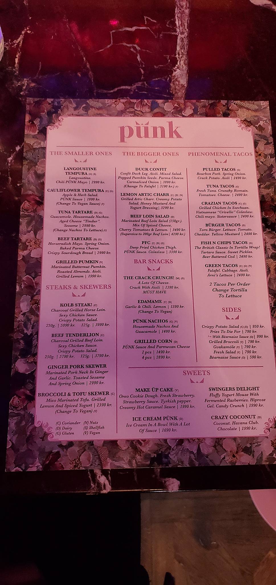 Menu at Punk Restaurant, Reykjavík