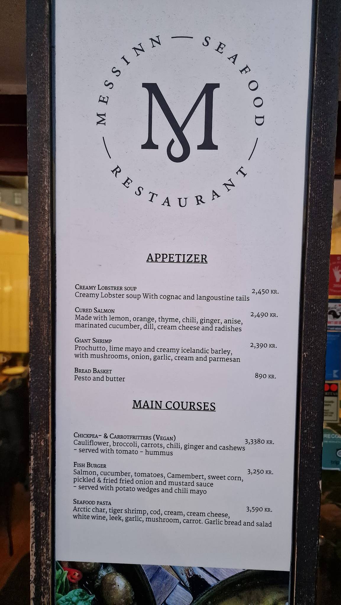 Menu at Messinn restaurant, Reykjavík, Lækjargata 6
