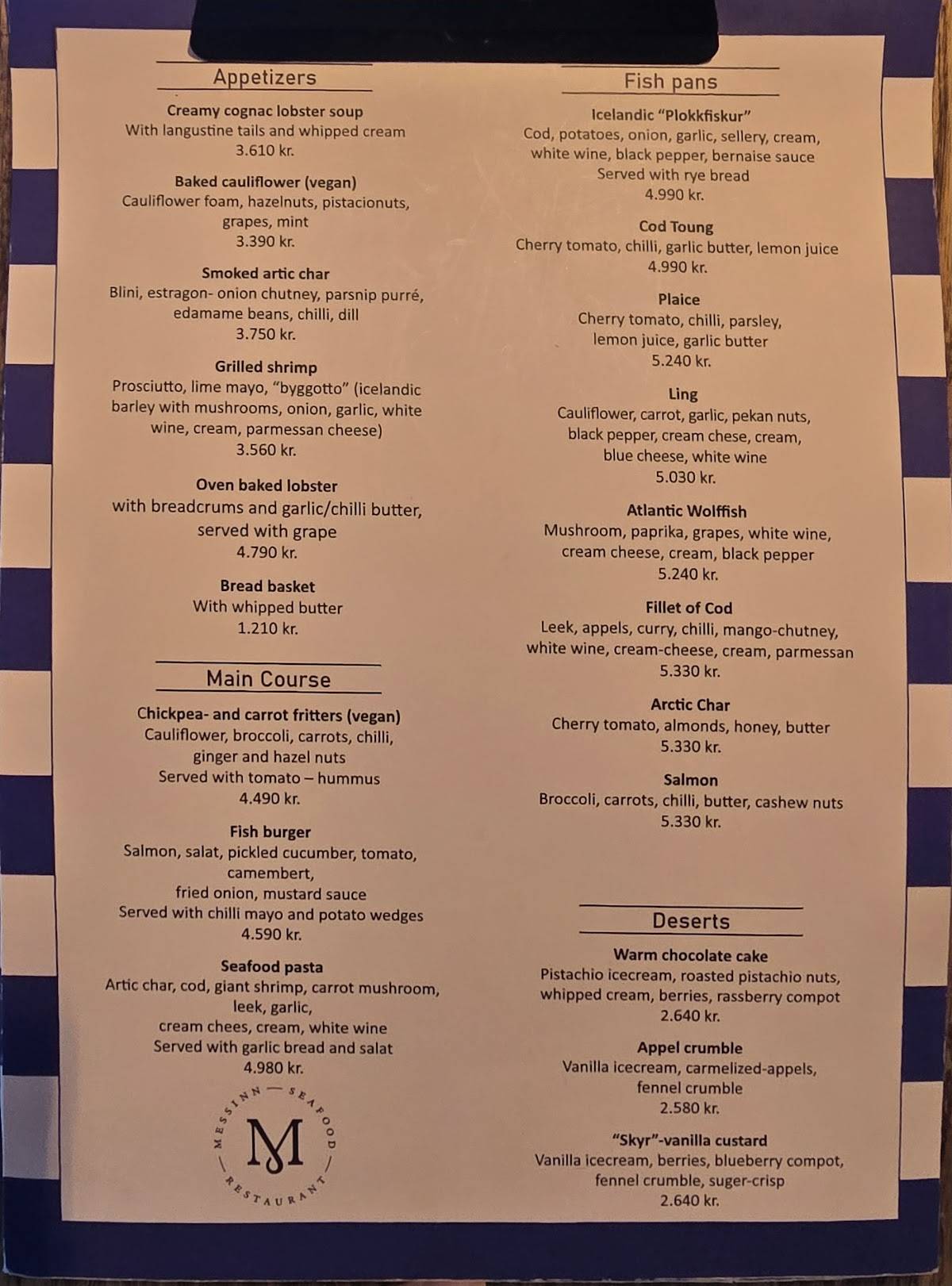 Menu at Messinn restaurant, Reykjavík, Lækjargata 6