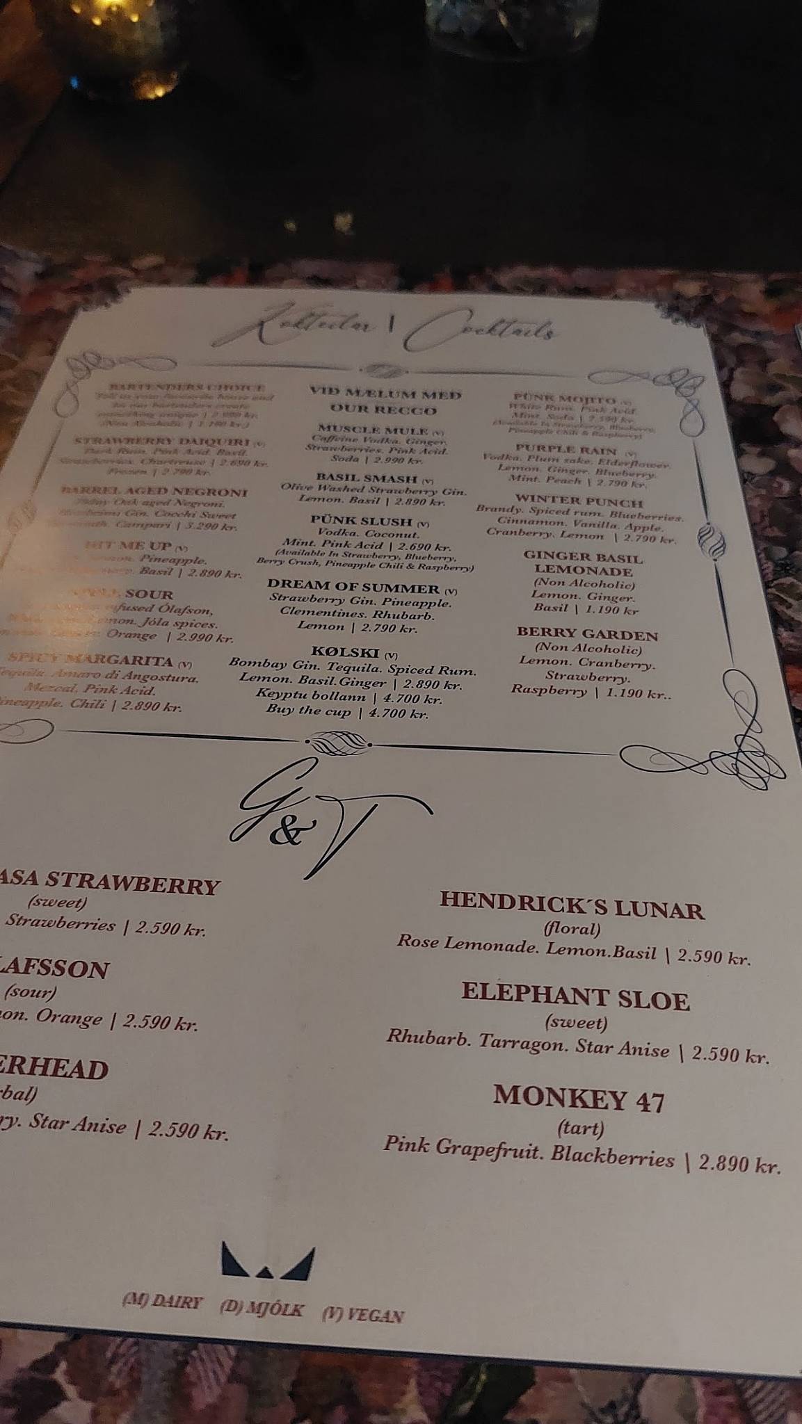 Menu at Punk Restaurant, Reykjavík