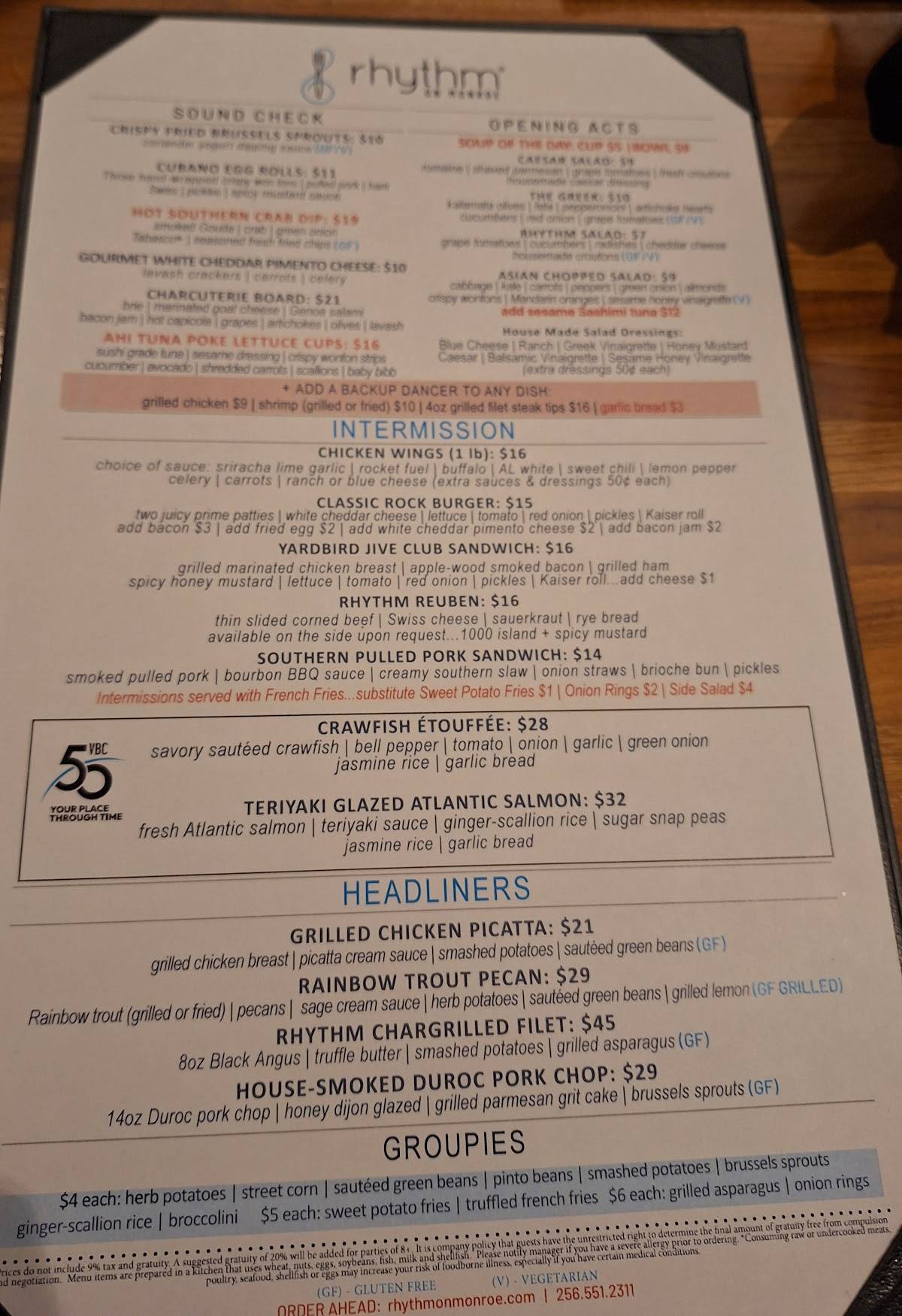 Menu at Rhythm on Monroe pub & bar, Huntsville