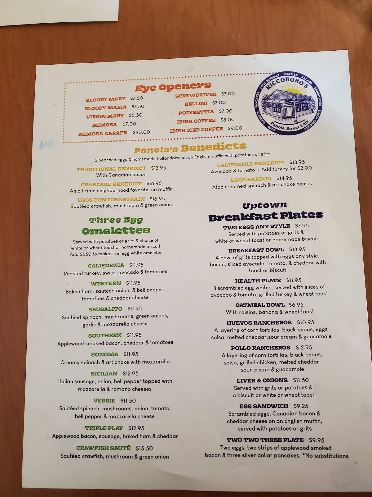 Menu at Riccobono's Panola Street Cafe, New Orleans