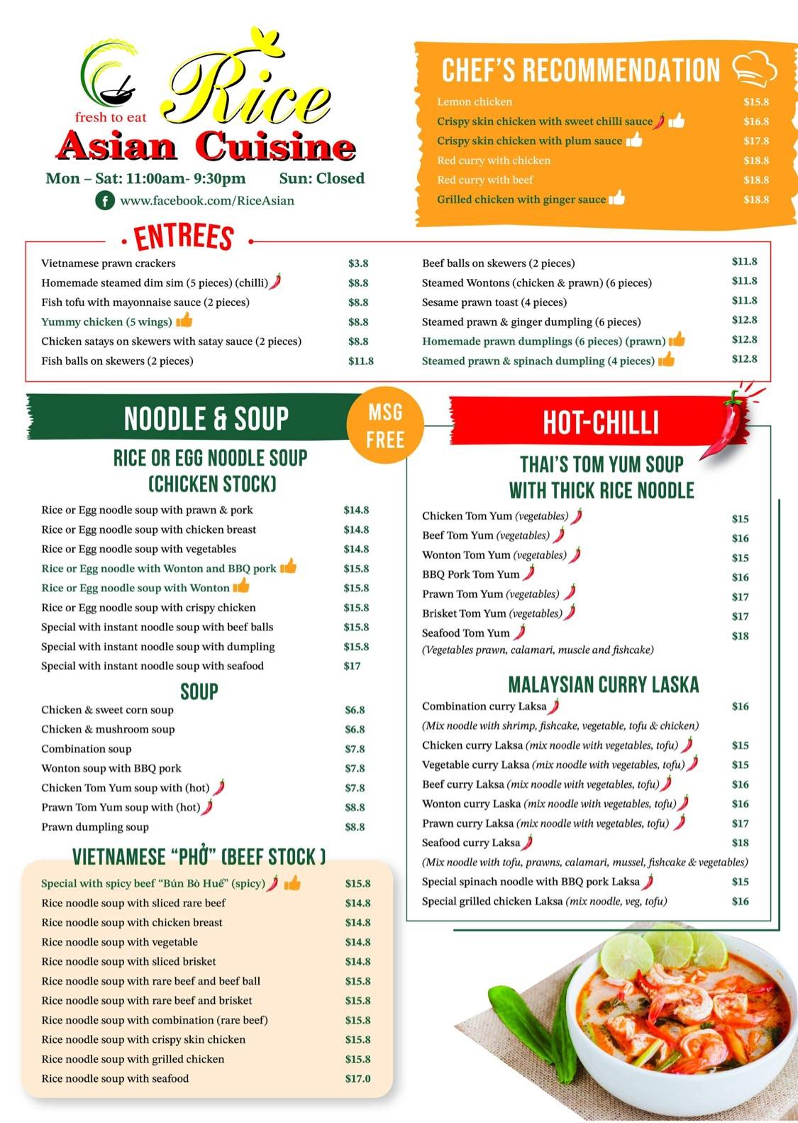 Menu at Rice Asian Cuisine restaurant, Reservoir
