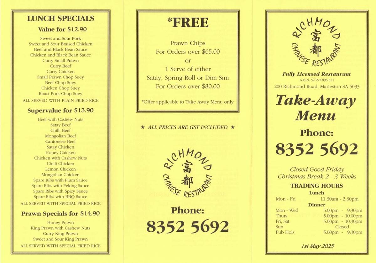 Menu at Richmond Chinese Restaurant, Marleston