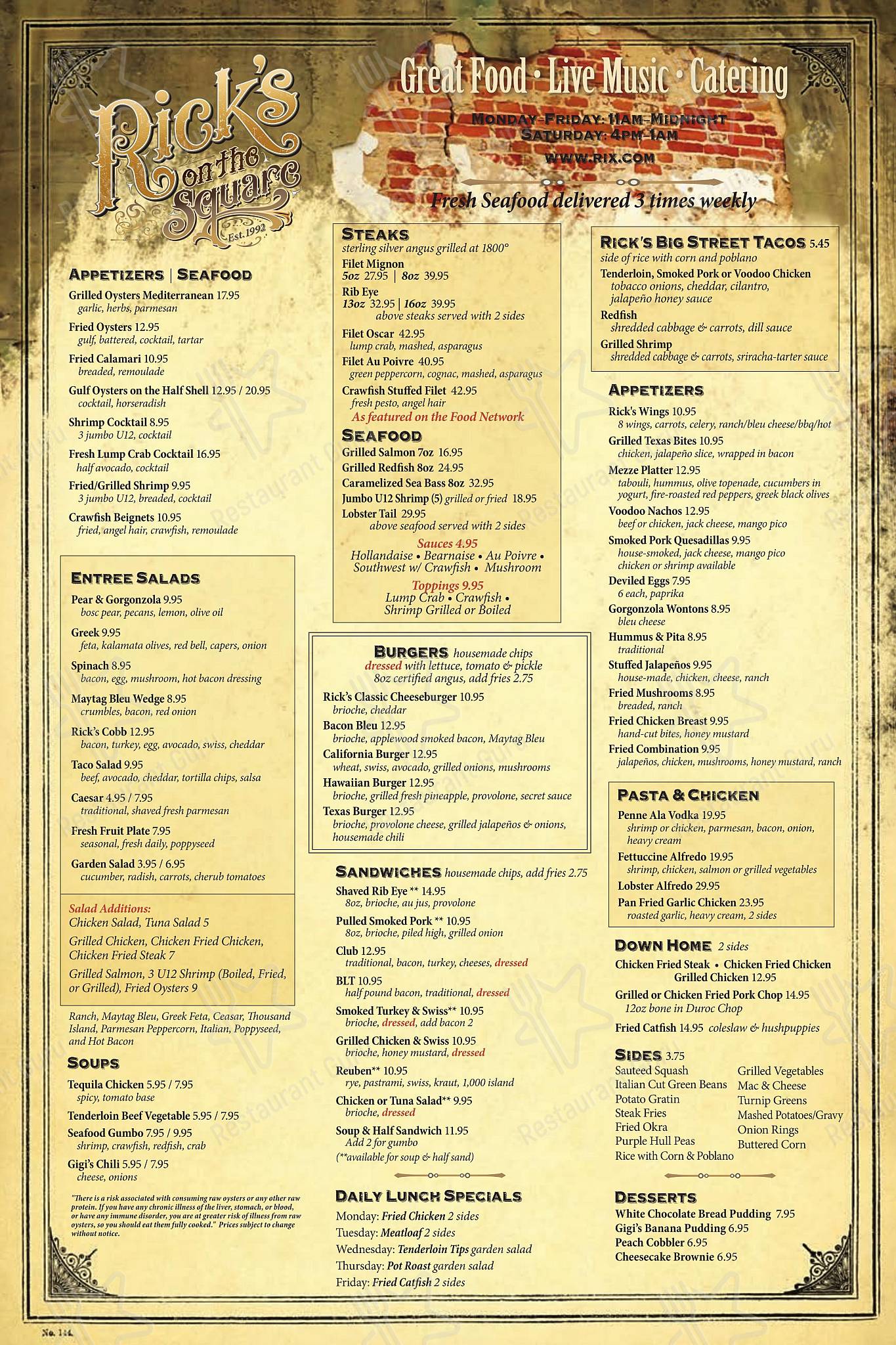 Menu at Rick's On the Square restaurant, Tyler