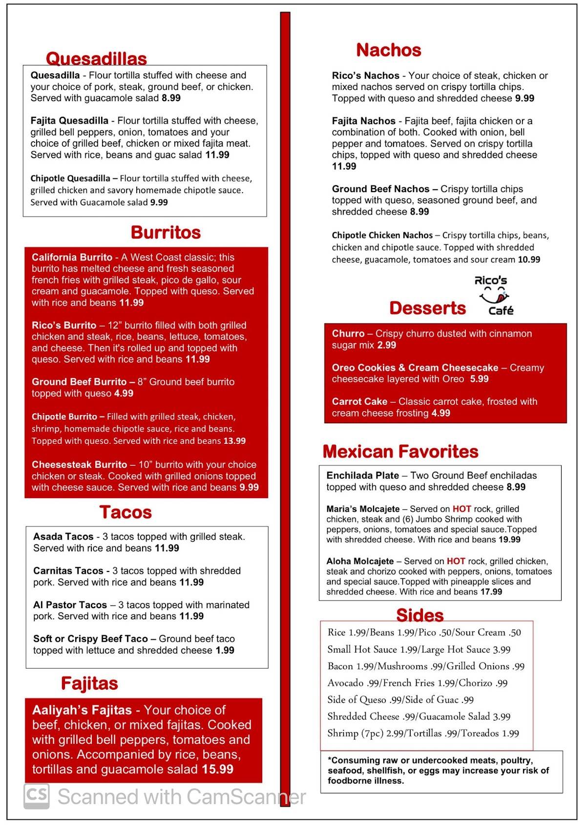 Menu at Rico’s Cafe, Helena