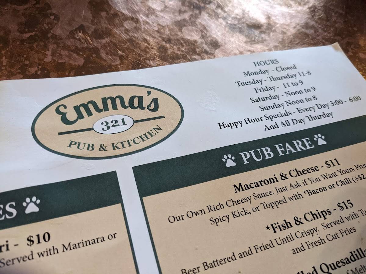 Menu at Emma's 321 Pub & Kitchen, Rindge